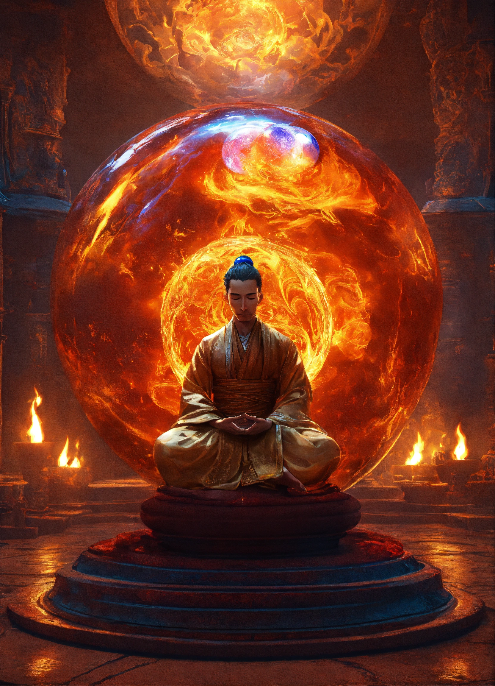 Lexica - Sphere made inliquid , fire , with a mage in cloth meditating ...