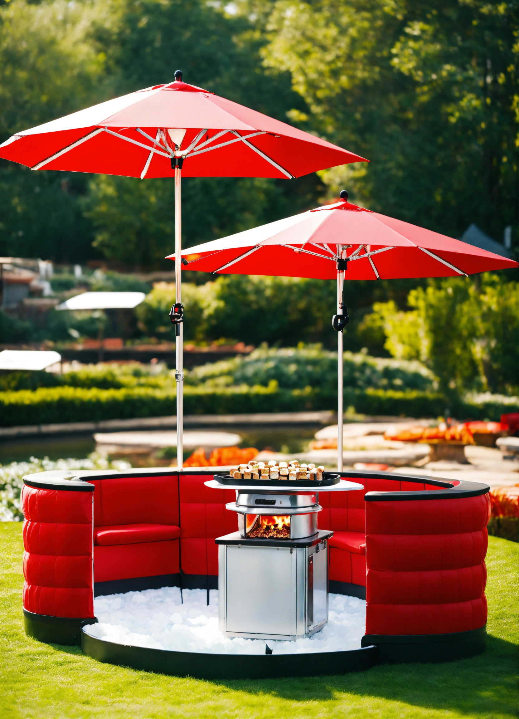 Lexica - Elegant ice igloo booth to sell smores outdoor with a red umbrella