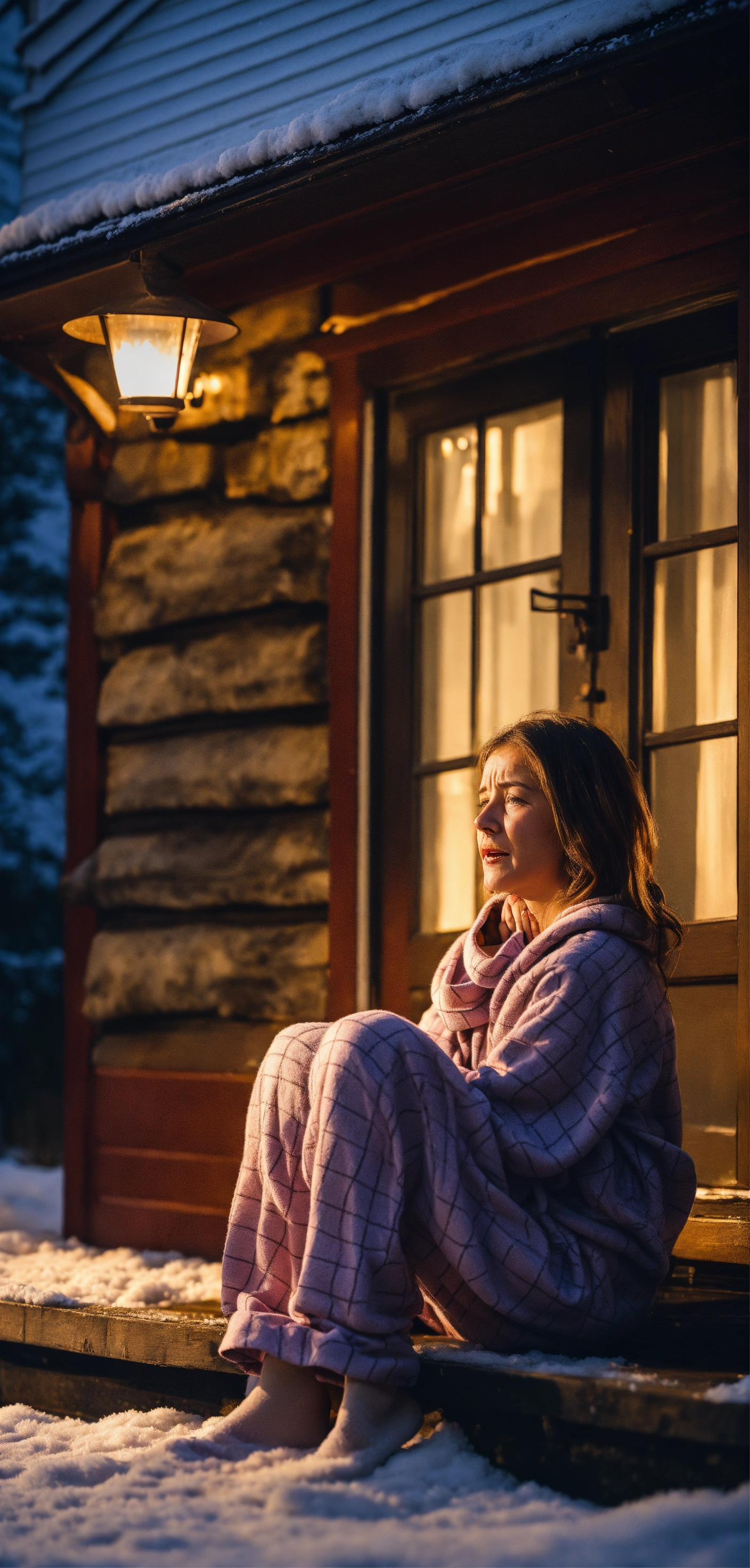 Lexica - A woman is sitting on the doorstep of a house outside in the ...