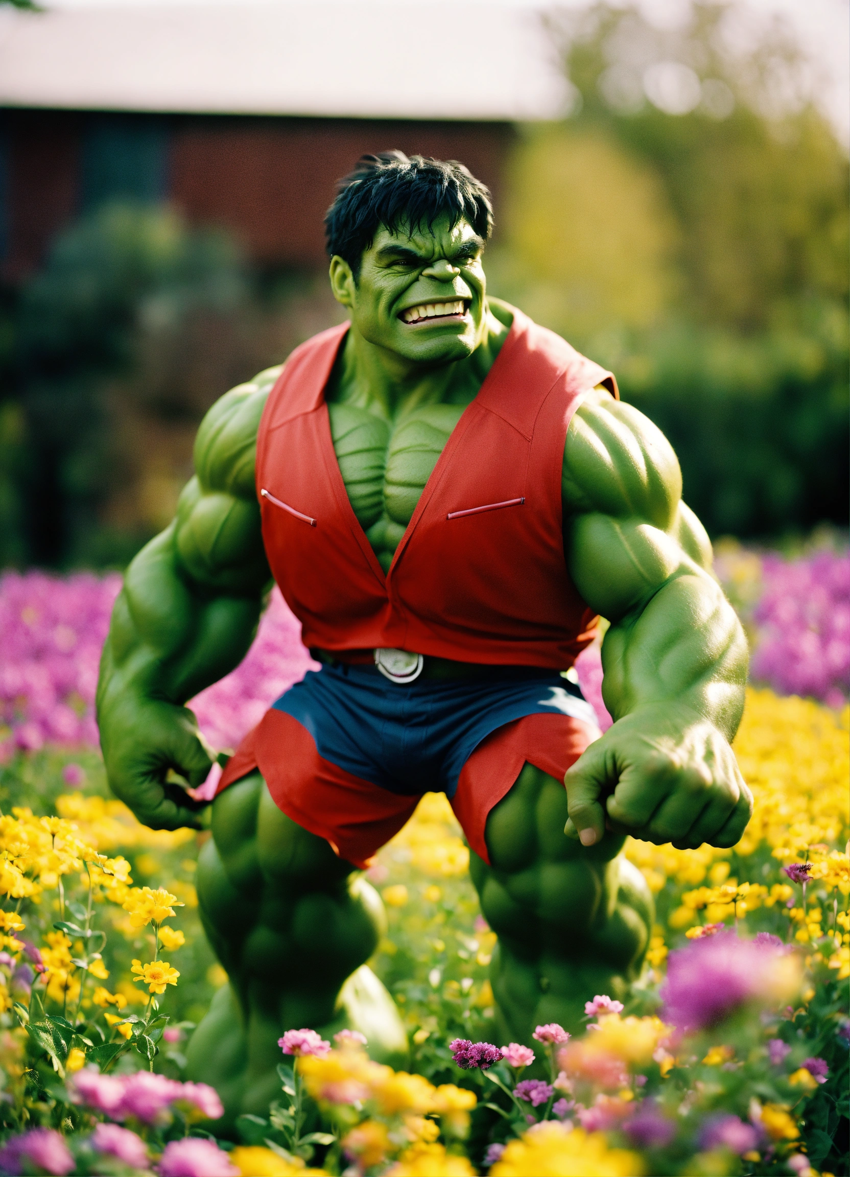 Lexica - Happy Hulk standing in a beautiful field of flowers, colorful ...