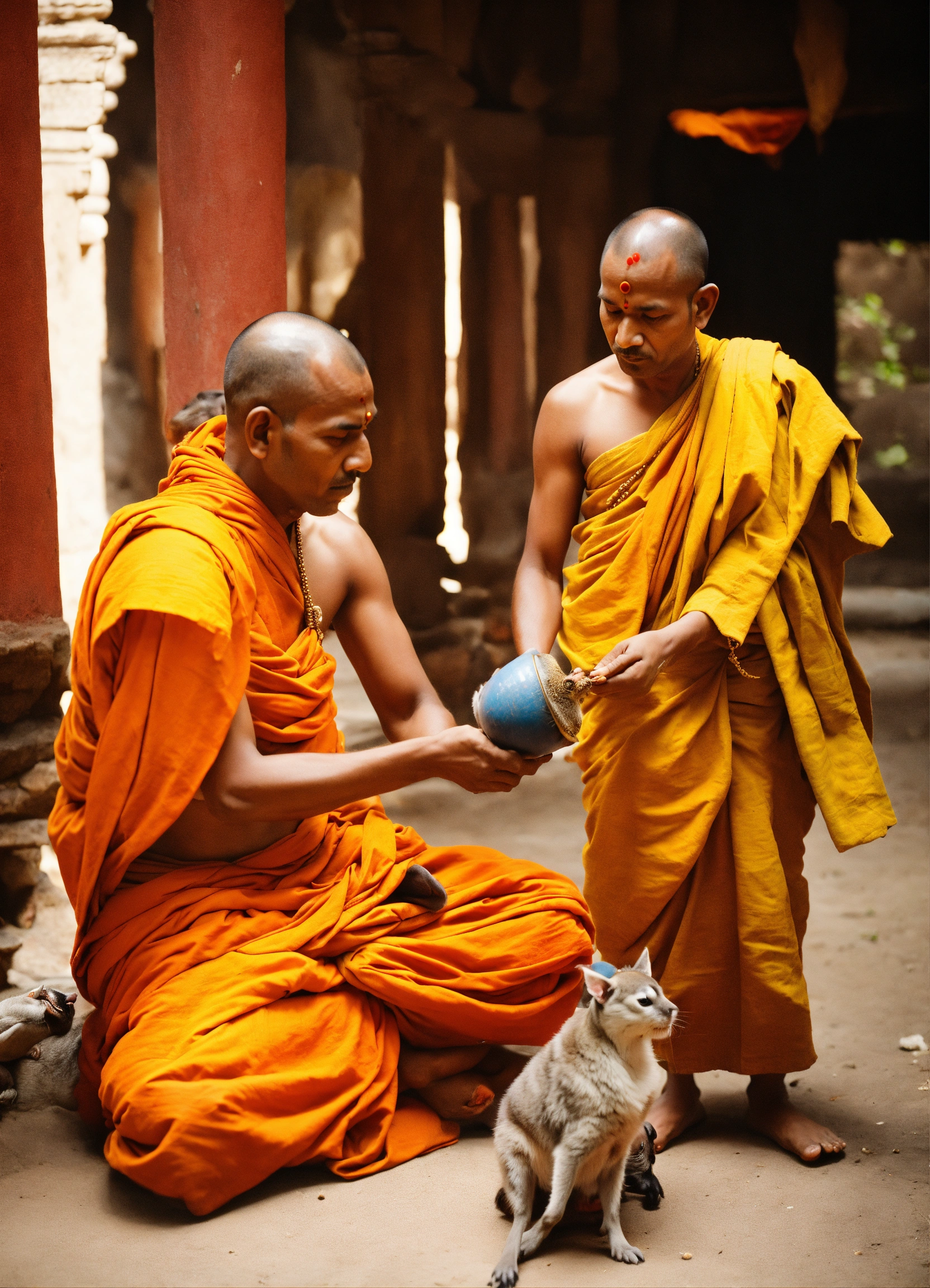 Lexica - Hindu monks taking care of animal, old hindu monestary