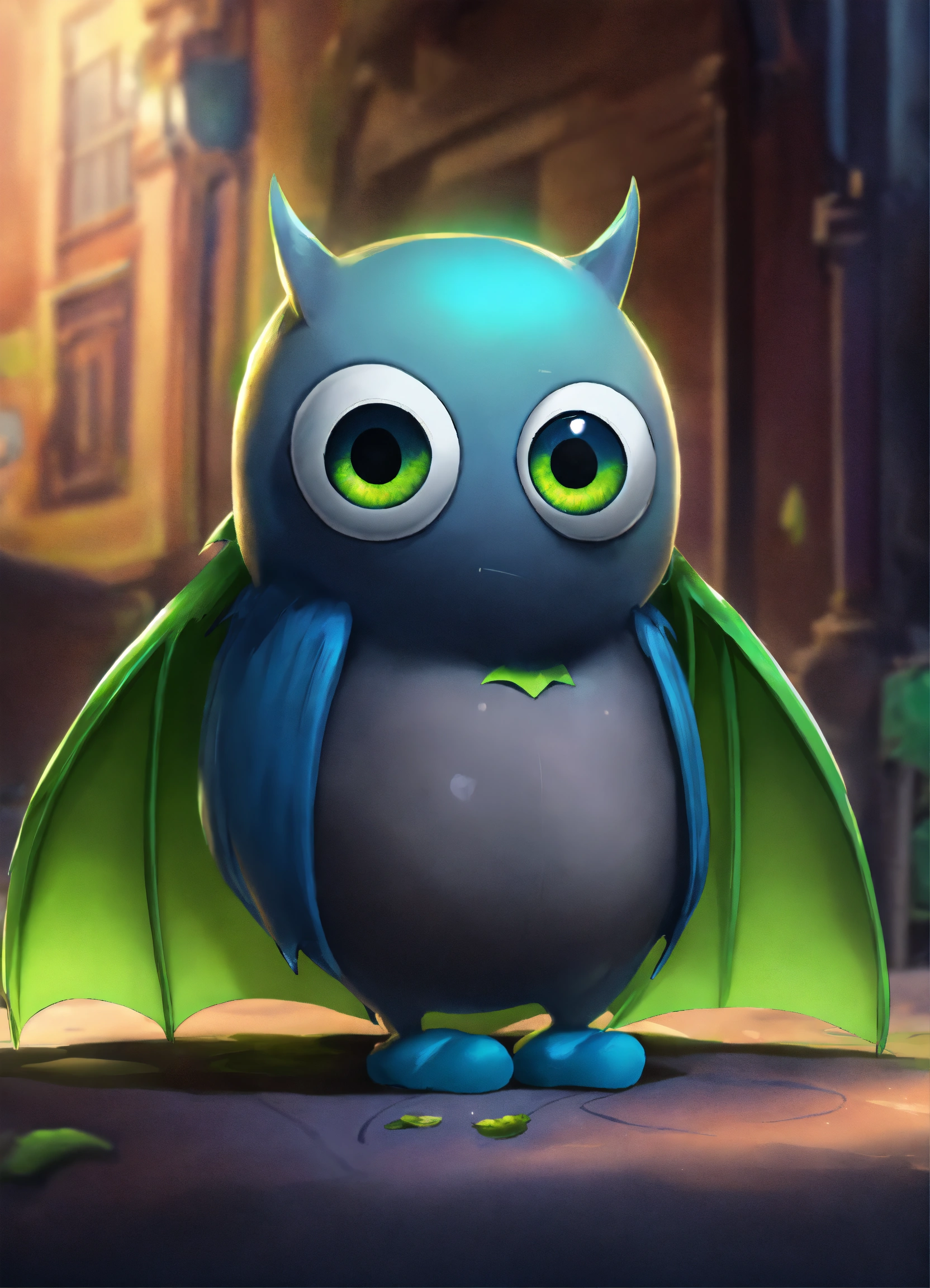 Lexica - A gray cartoon blob with one eye, bright green wings, and blue ...