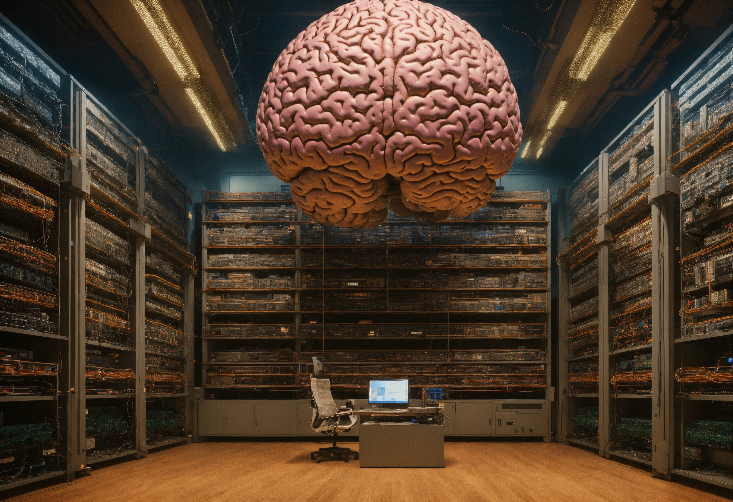 Lexica - In the center of the room, a colossal human brain is ...