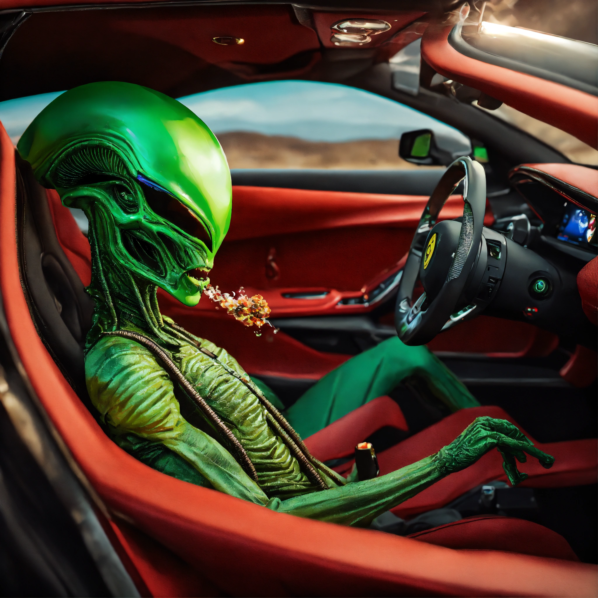 Lexica - Alien smokin blunt inside ferarri 4k