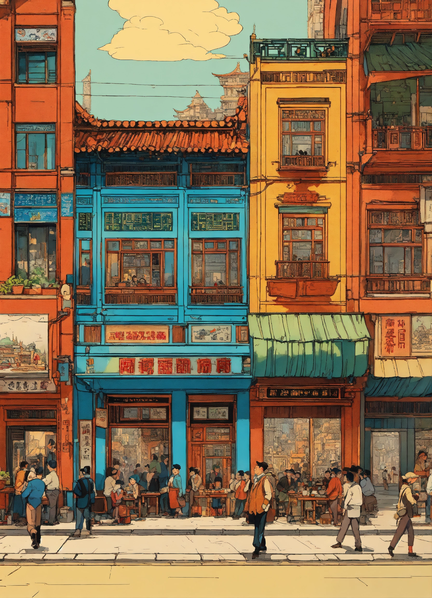 Lexica - Detailed, vibrant illustration of old Shanghai buildings, by ...