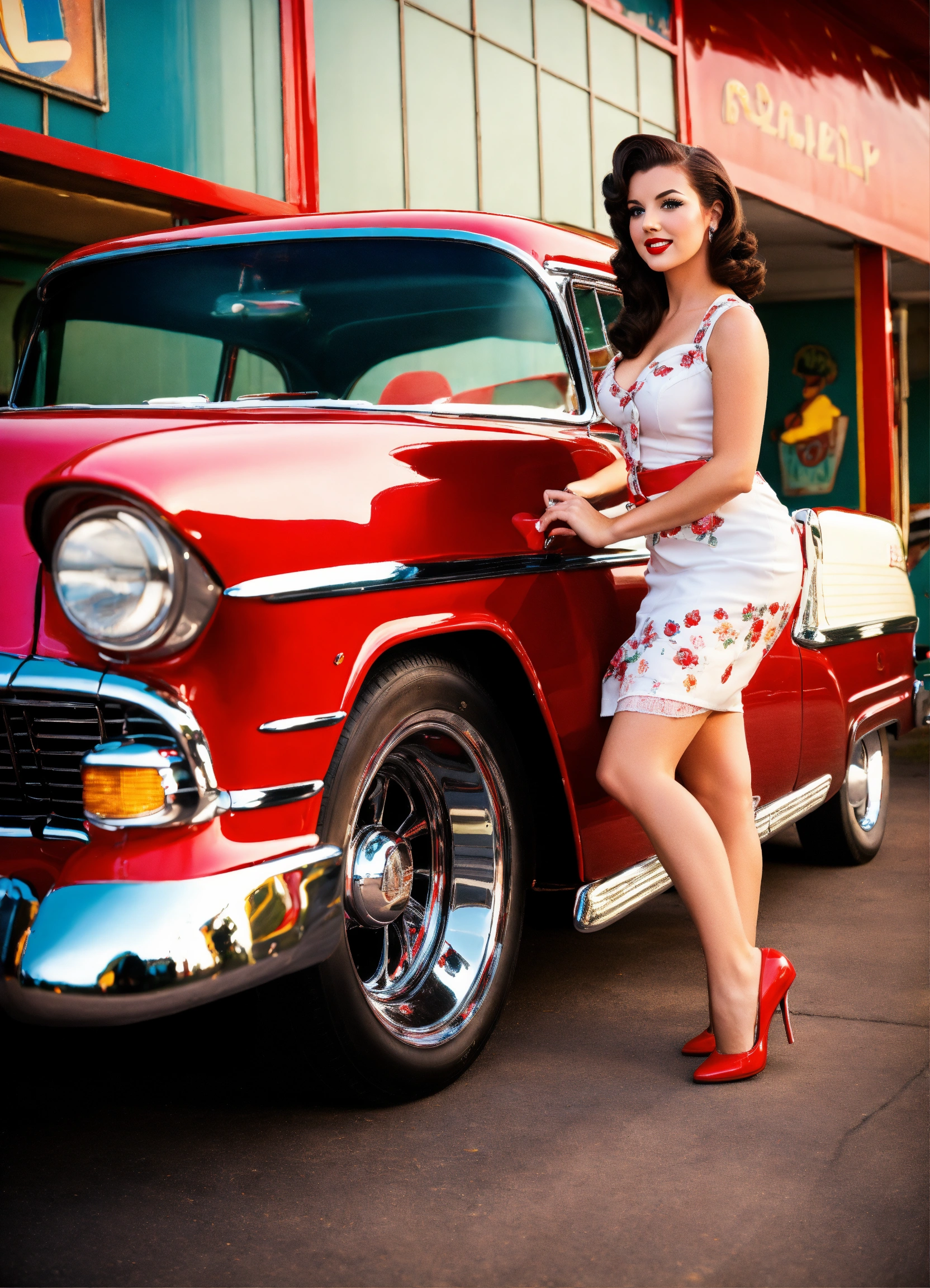 Lexica - 1955 Chevy Bel Air, pinup girl, brunette, retro, 1950’s diner