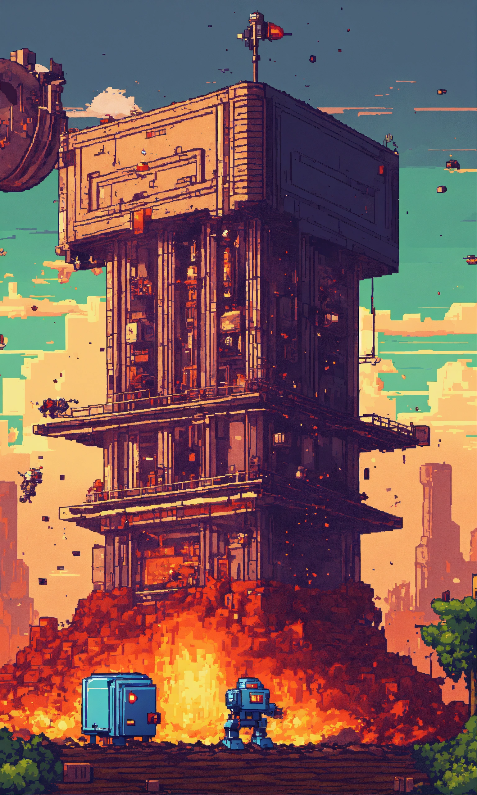 Lexica - Pixel art splash screen. Poorly built tower being attacked by ...