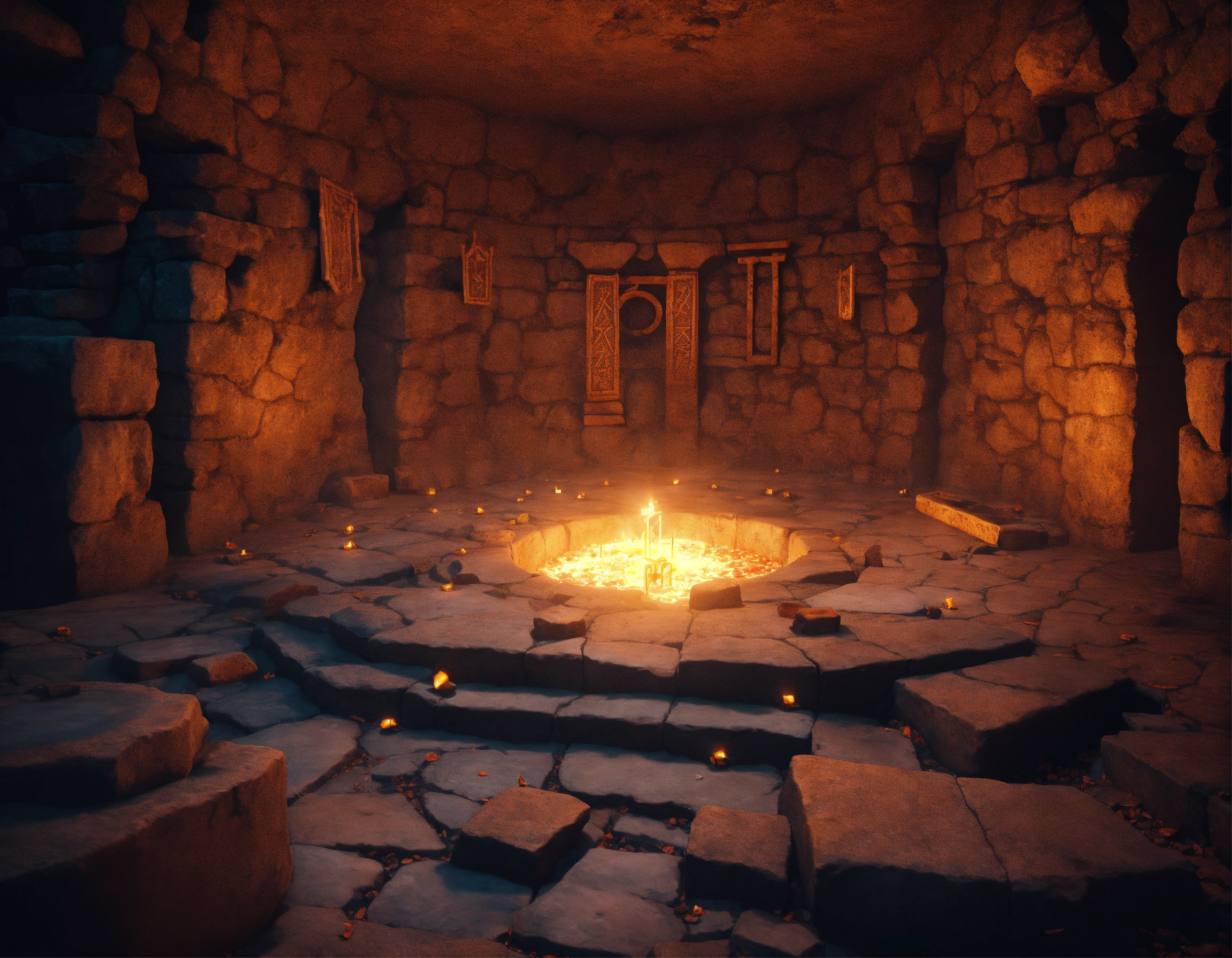 Lexica - Bottomless pit in dungeon with a lot of runes on stones