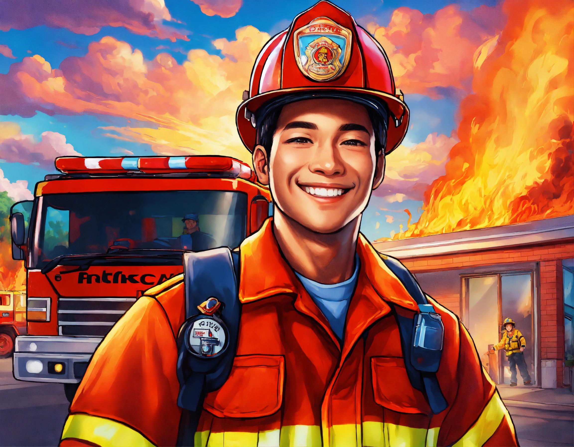 Lexica - A firefighter, smiling, Indonesian face, background in front ...