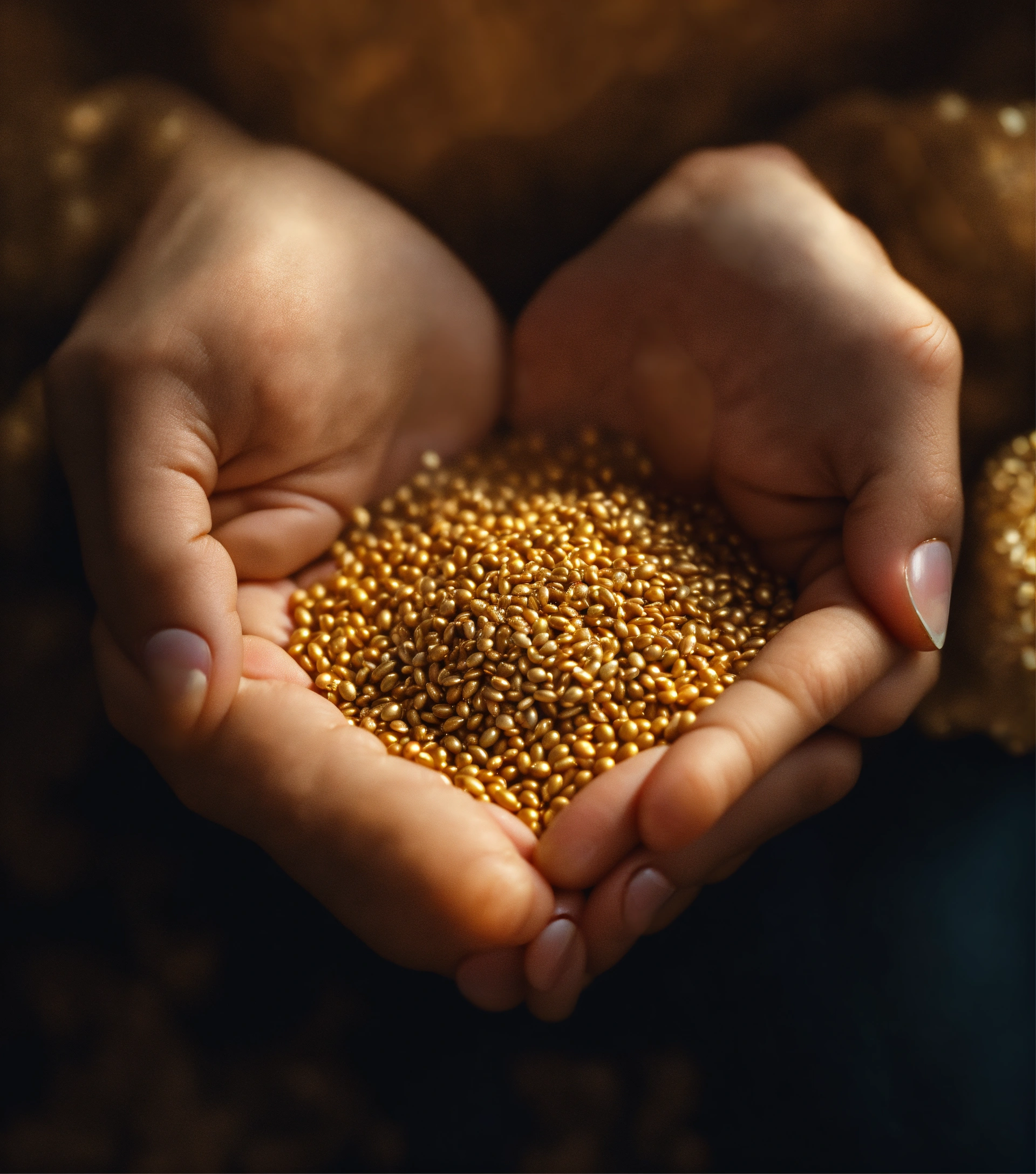 Lexica - A realistic photo of a single golden seed being holded by two ...