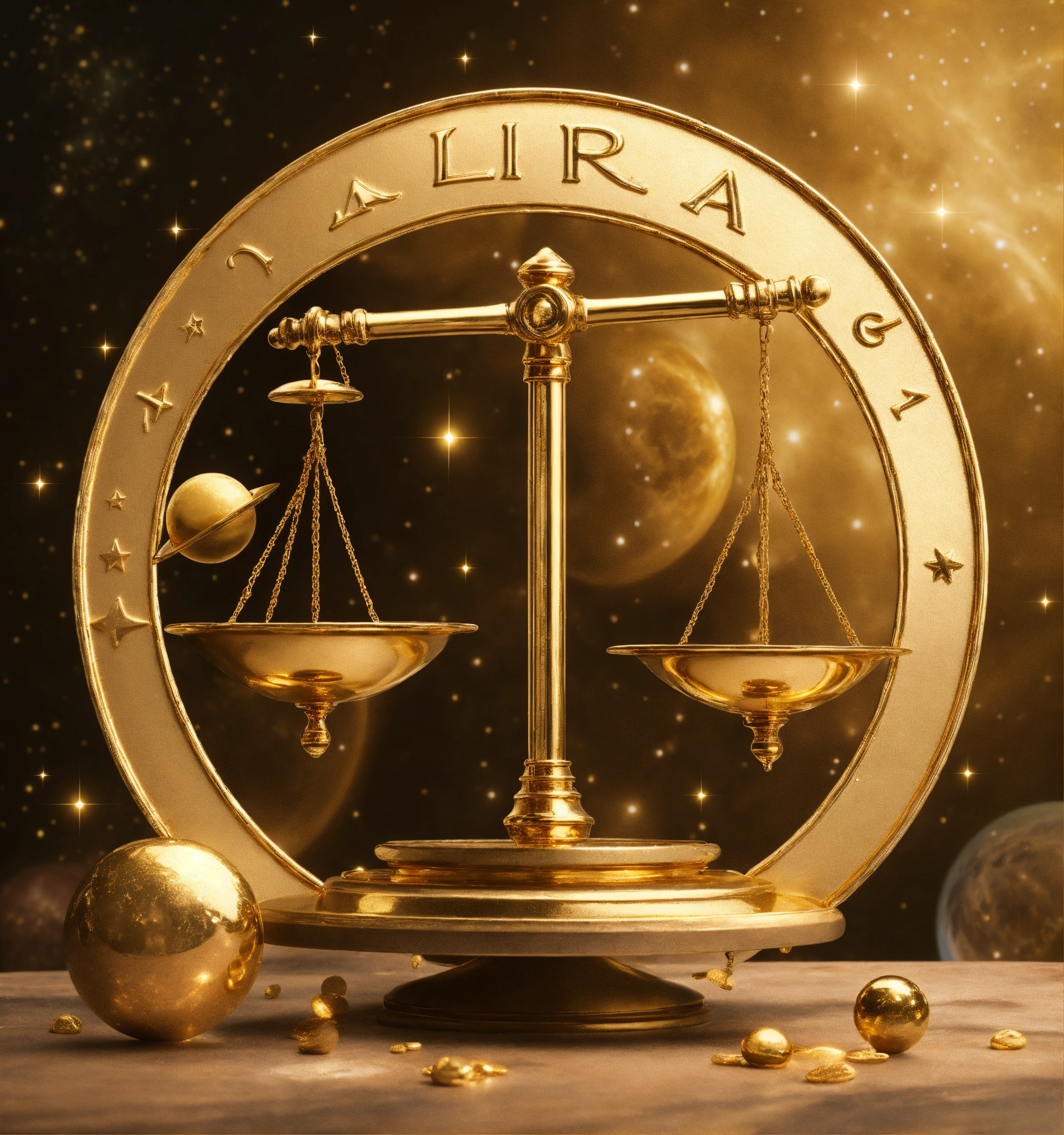 Lexica - Libra sign in gold color in realistic photograph, surrounded ...