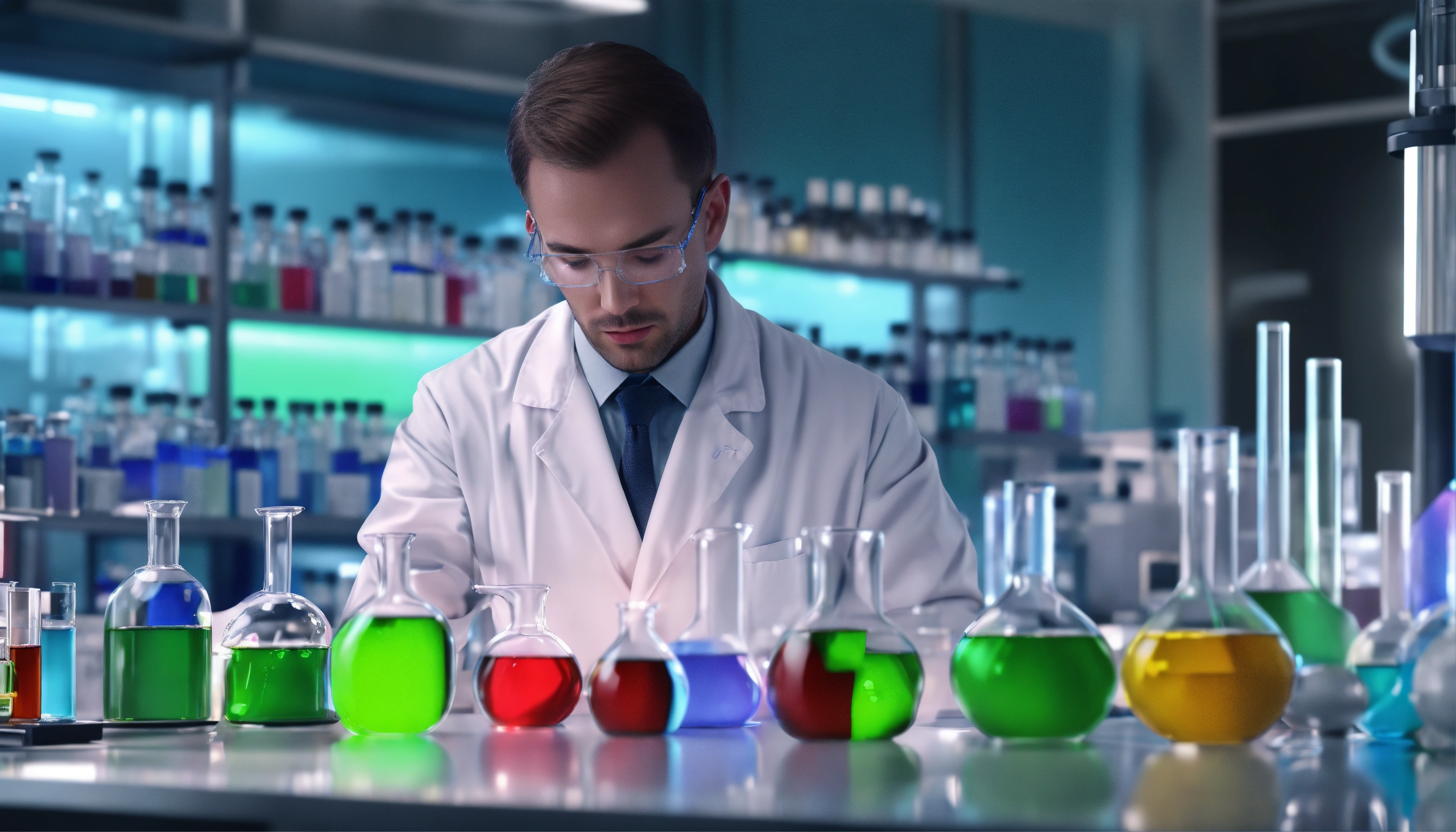 Lexica - Man chemist working in a modern laboratory with flasks and ...