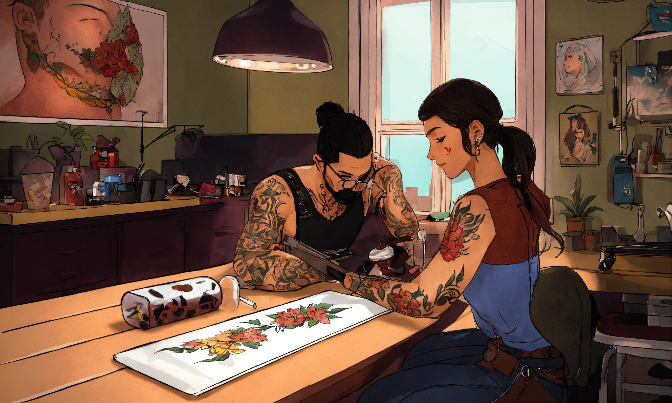 Lexica - 2d illustration of tattoo artist making tattoo on a woman's ...