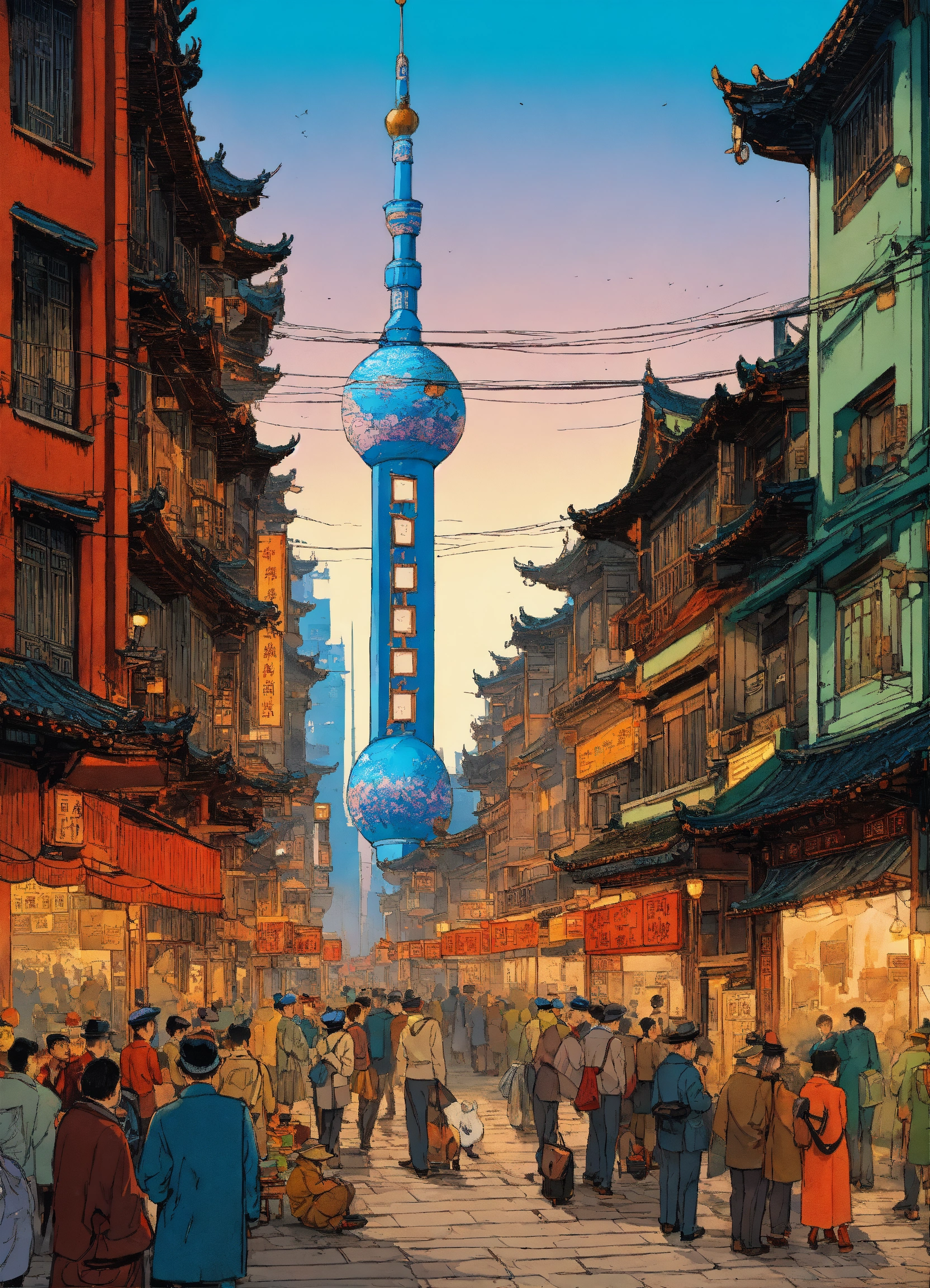 Lexica - Detailed, vibrant illustration of old Shanghai buildings, by ...