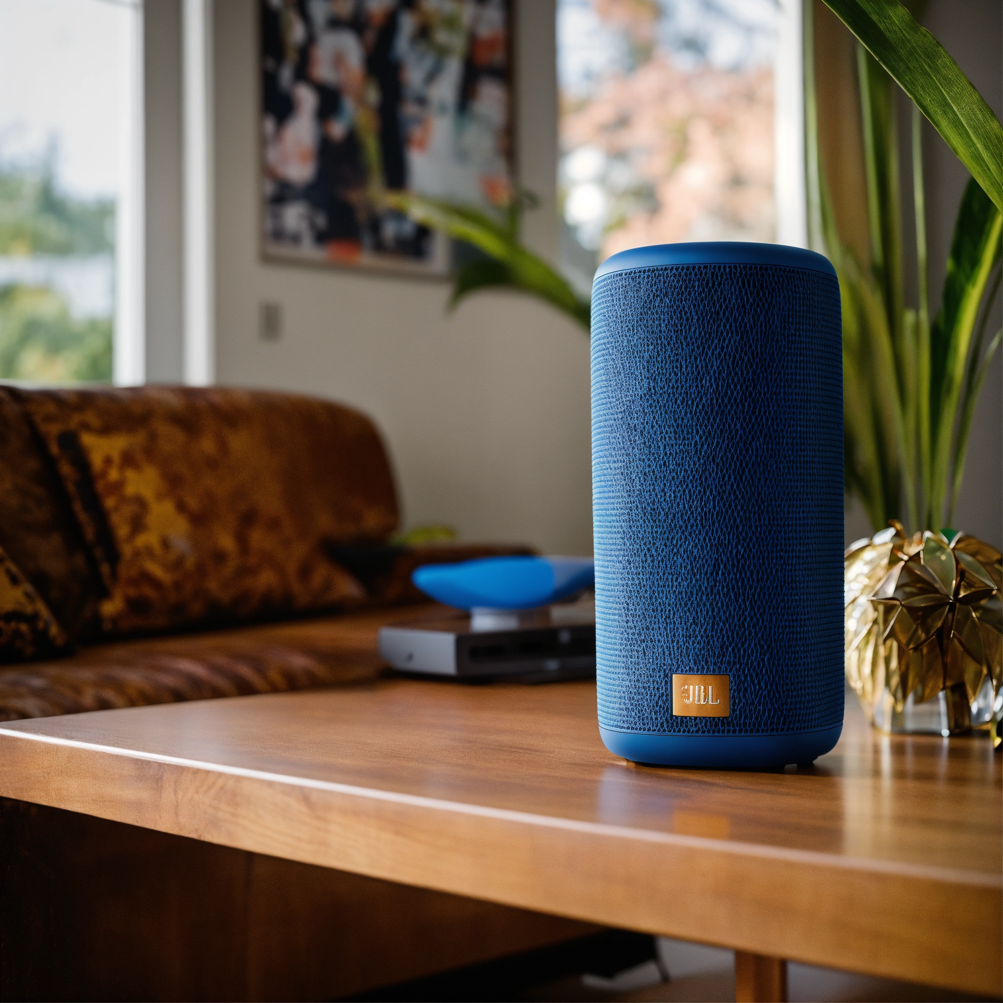 Lexica - A photo of a JBL speaker. The speaker is blue in color and has ...