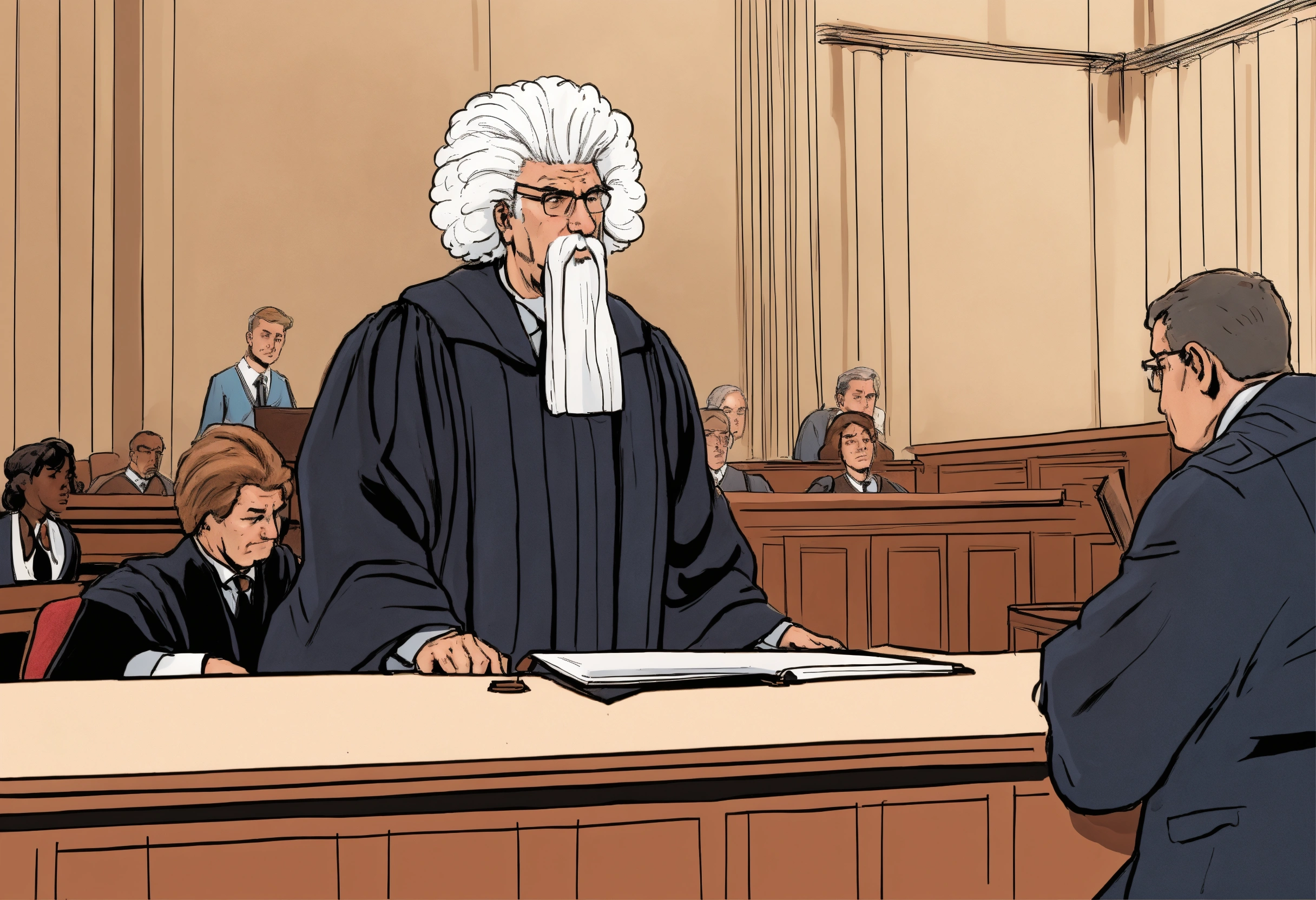 Lexica - Comic drawing of a person in court on trial, judge with a ...