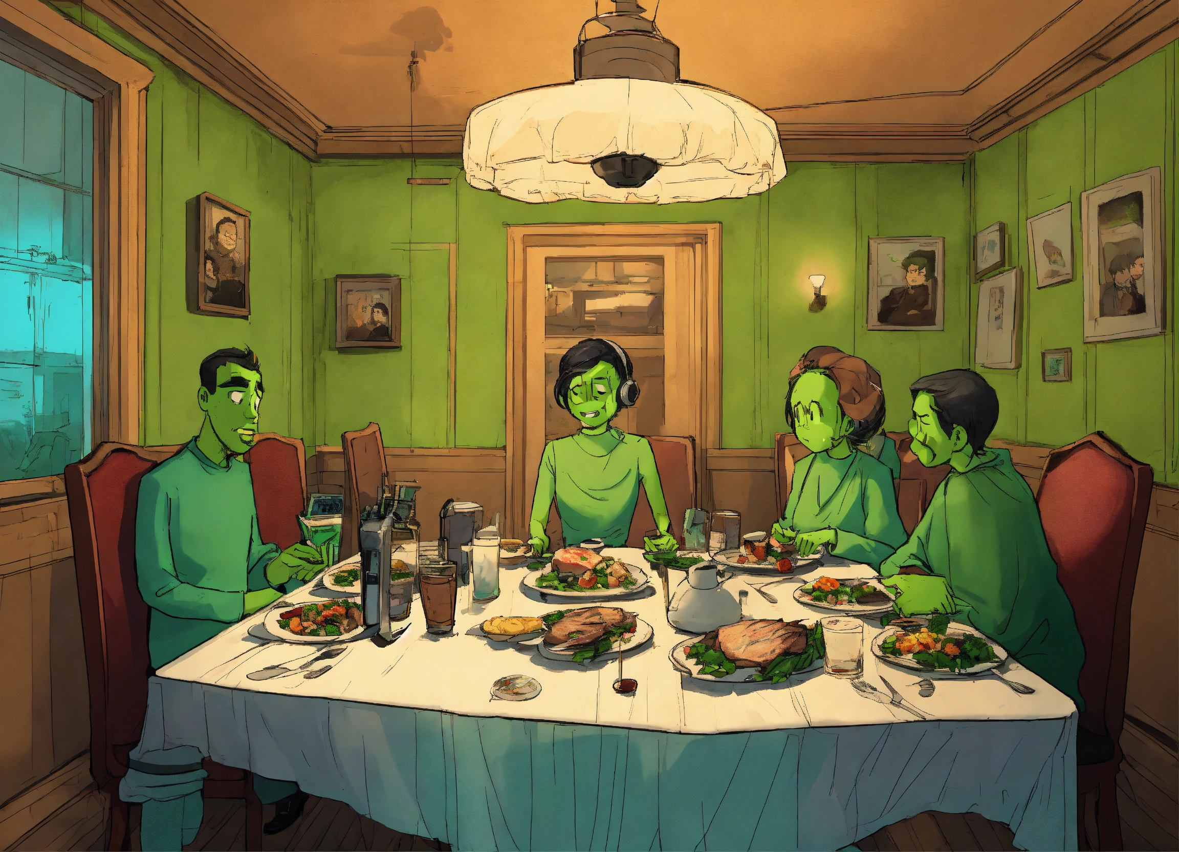 Lexica - Create a comic cartoon poster depicting a dinner scene where ...