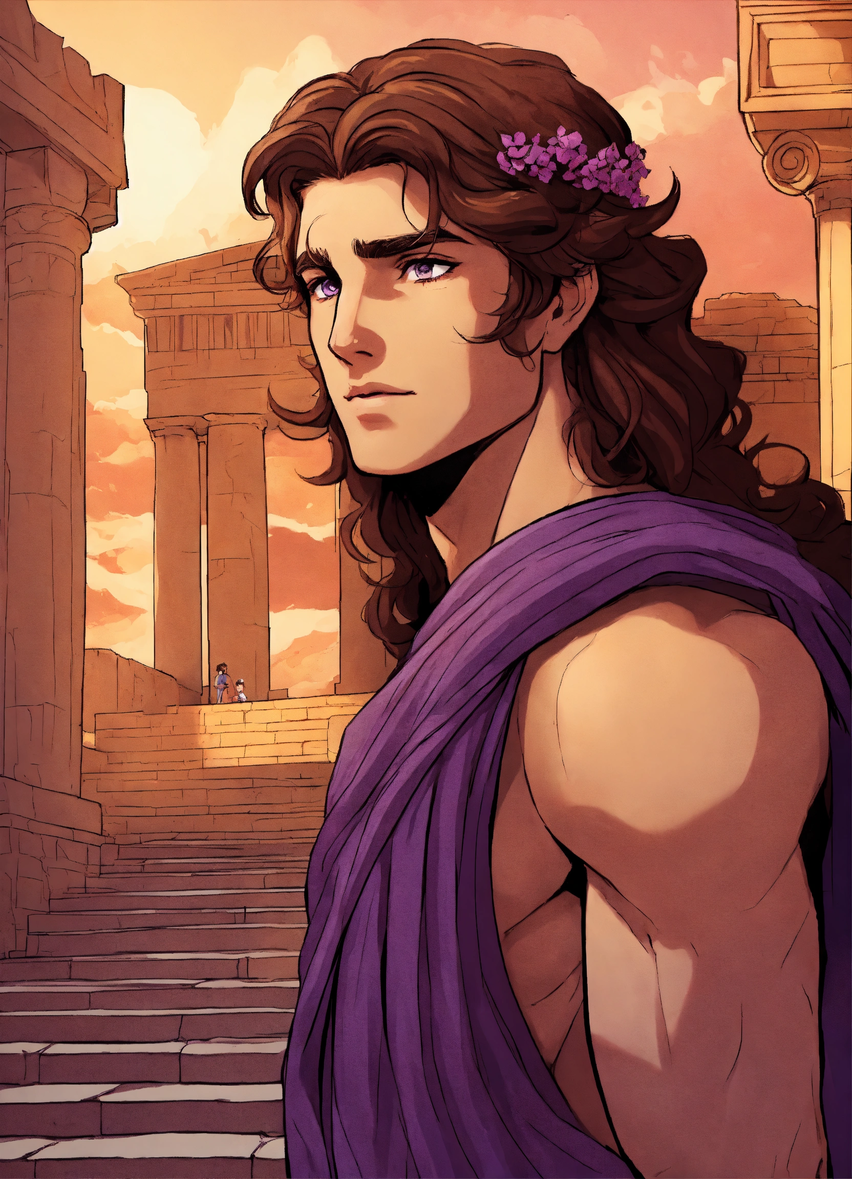Lexica - A brown haired young dionysus with purple eyes at a greek ...