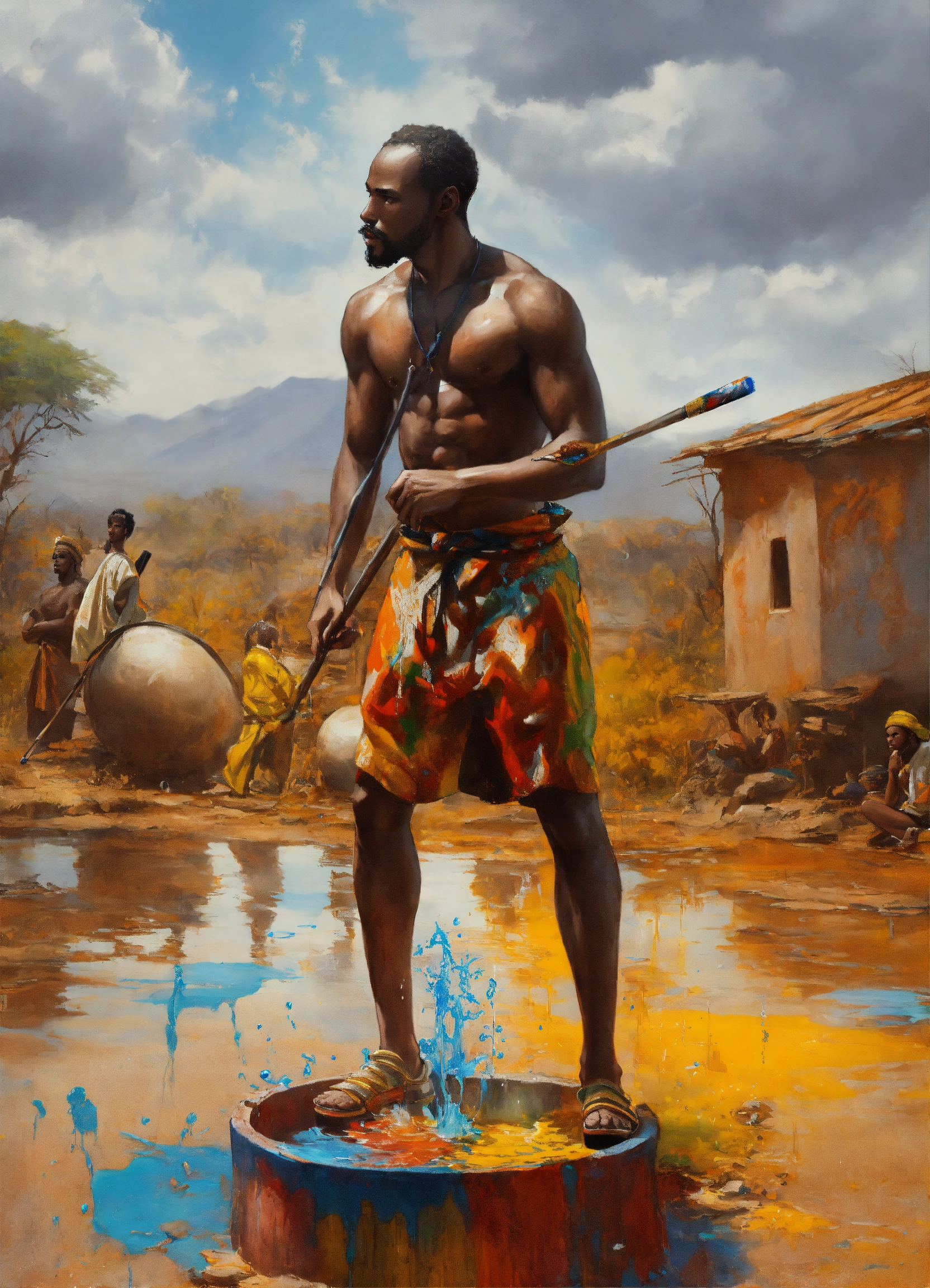 Lexica - African,A male artist fights against a large paint pot,african ...