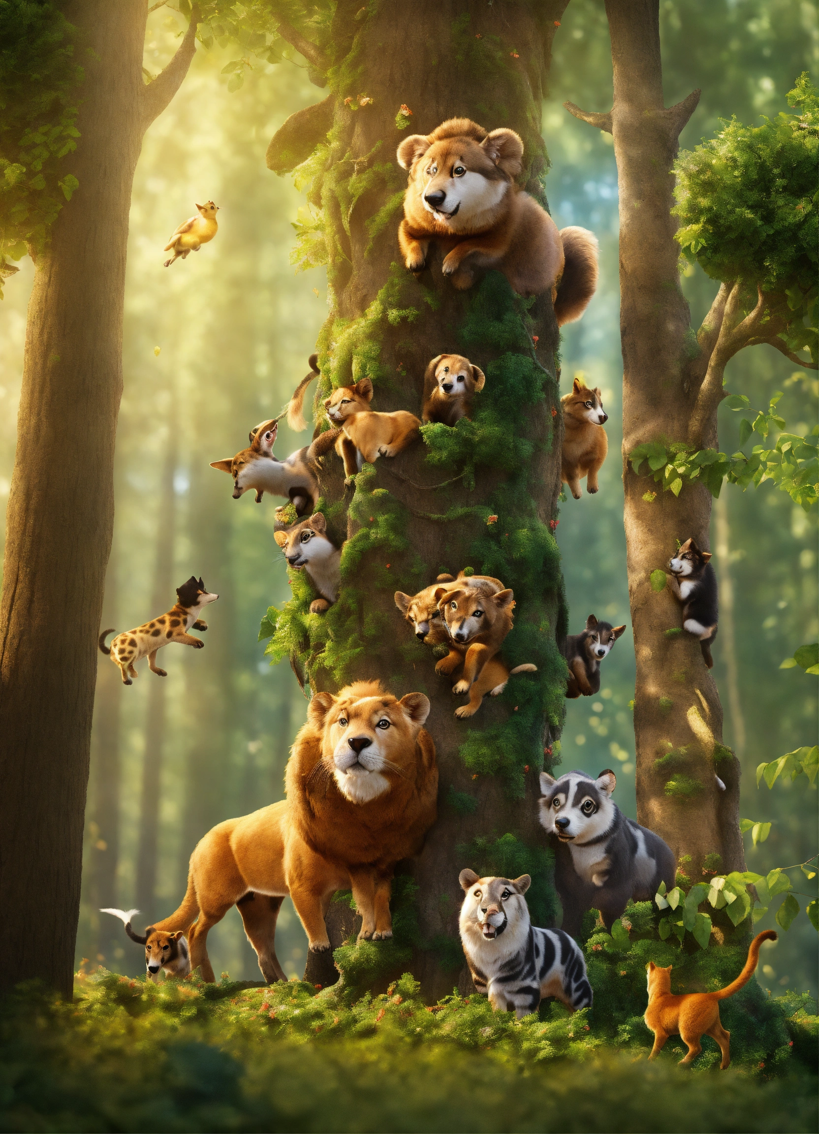 Lexica - 3D realistic children's image of 4 animals climbing trees in ...