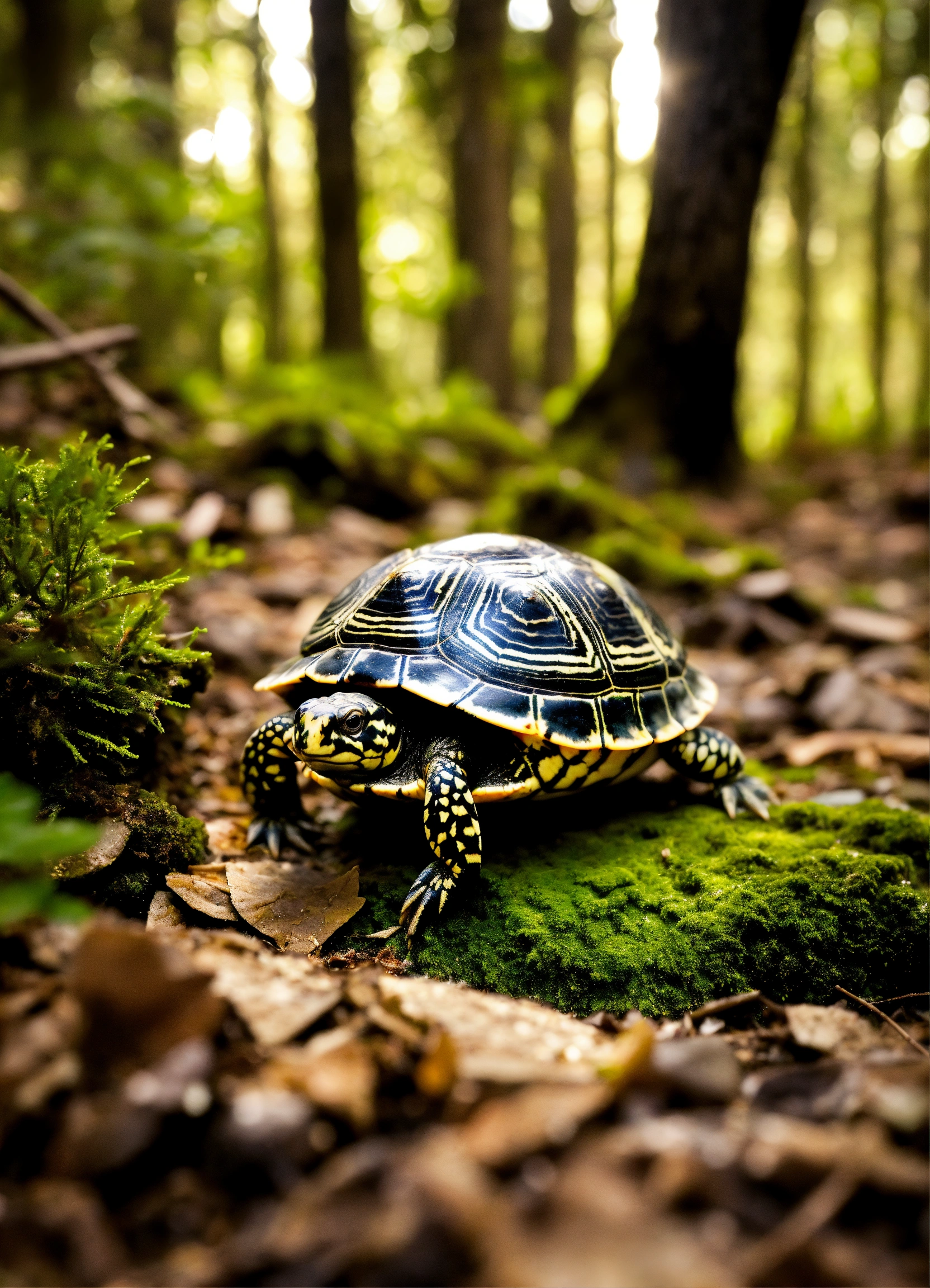 Lexica - A small terrapin with a checkerboard shell crawling in the forest.