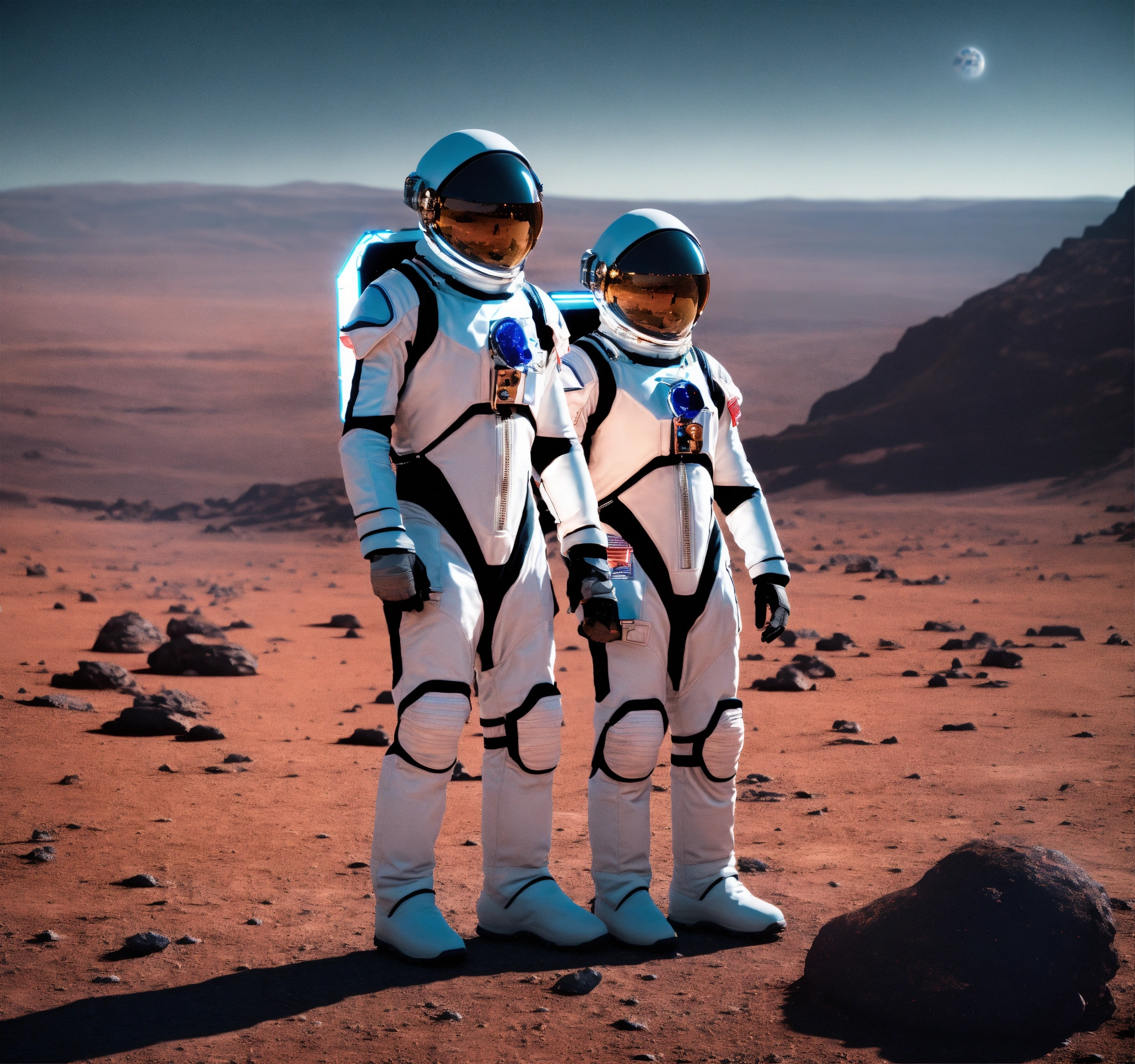 Lexica - 2 federation astronauts are wearing sleek futuristic space suits on a desolate planet ...