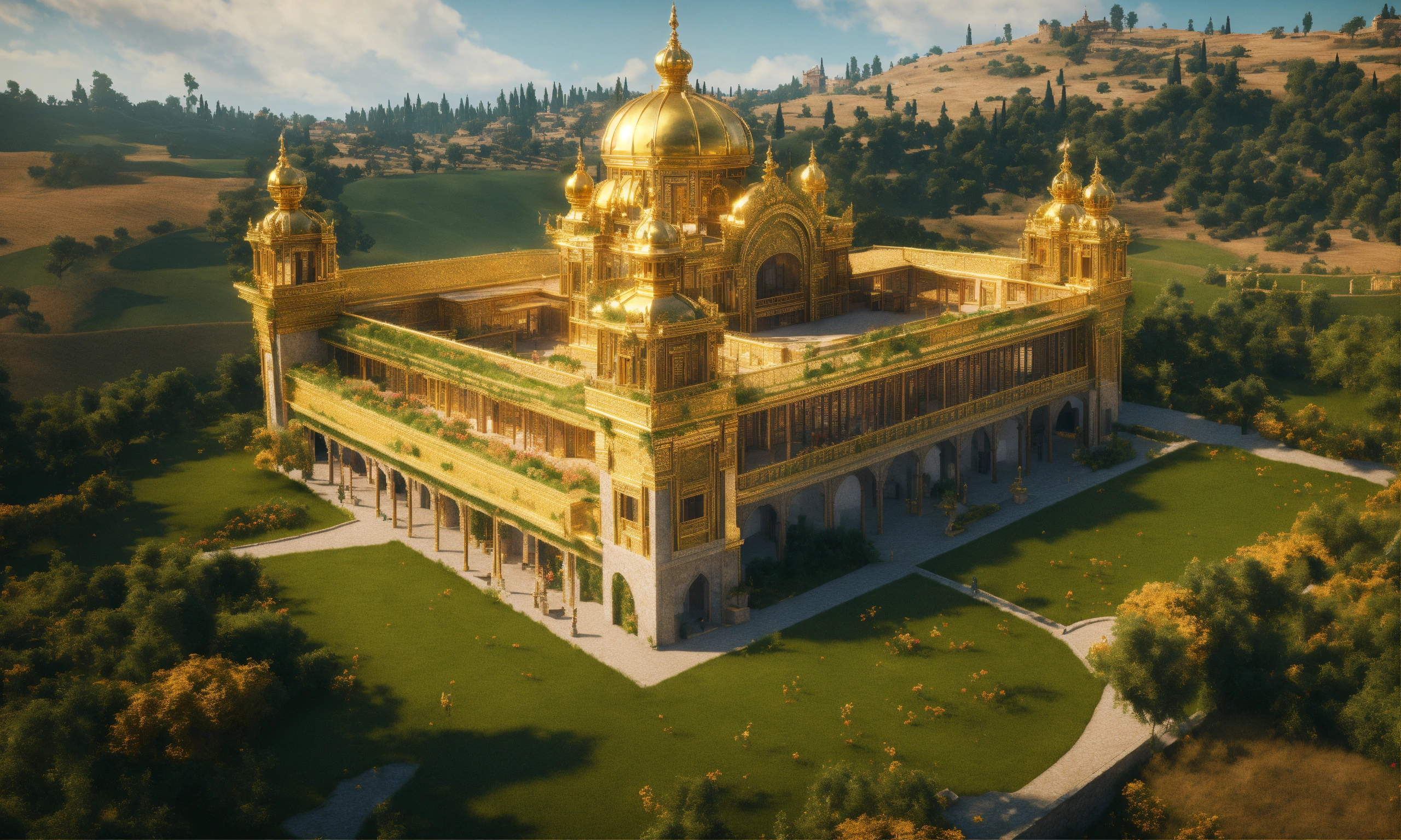 Lexica - Full image of a massive golden palace with a green roof, built ...