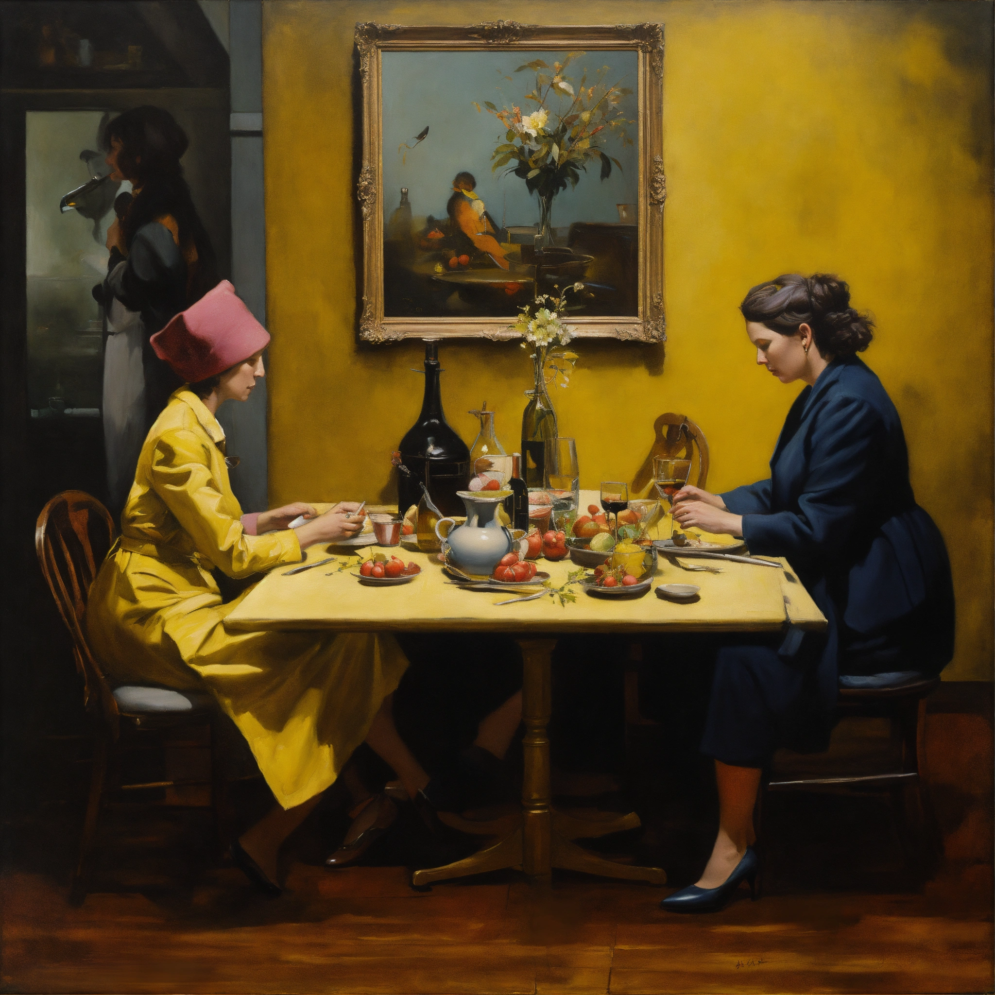 Lexica - 2 woman tallking in table in oil painting style charles jones ...