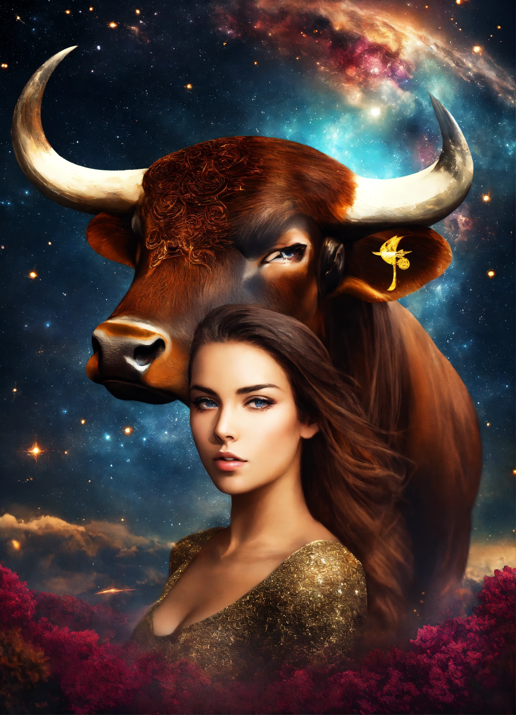 Lexica - Universe background with beautiful woman with Taurus the bull ...
