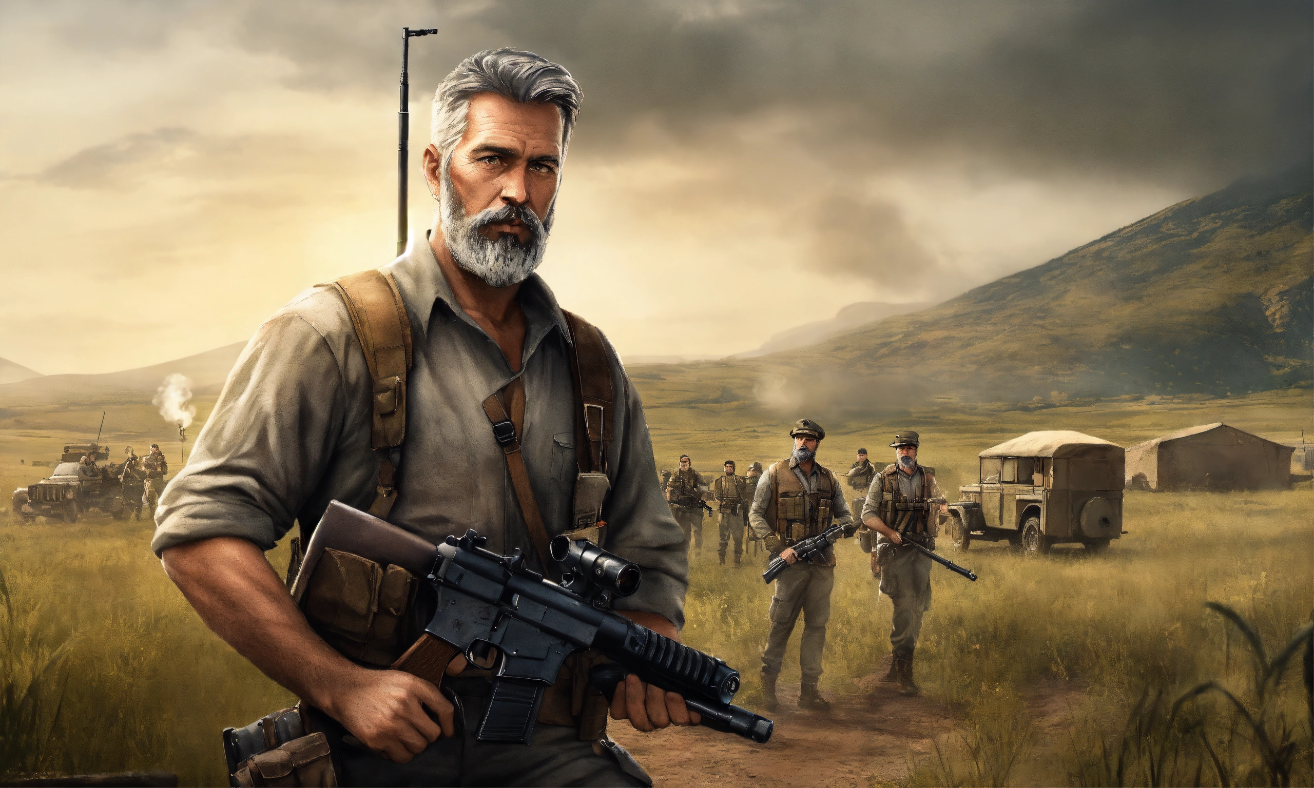 Lexica - Cinematic wallpaper of a 1940s german mercenary with a plain t ...