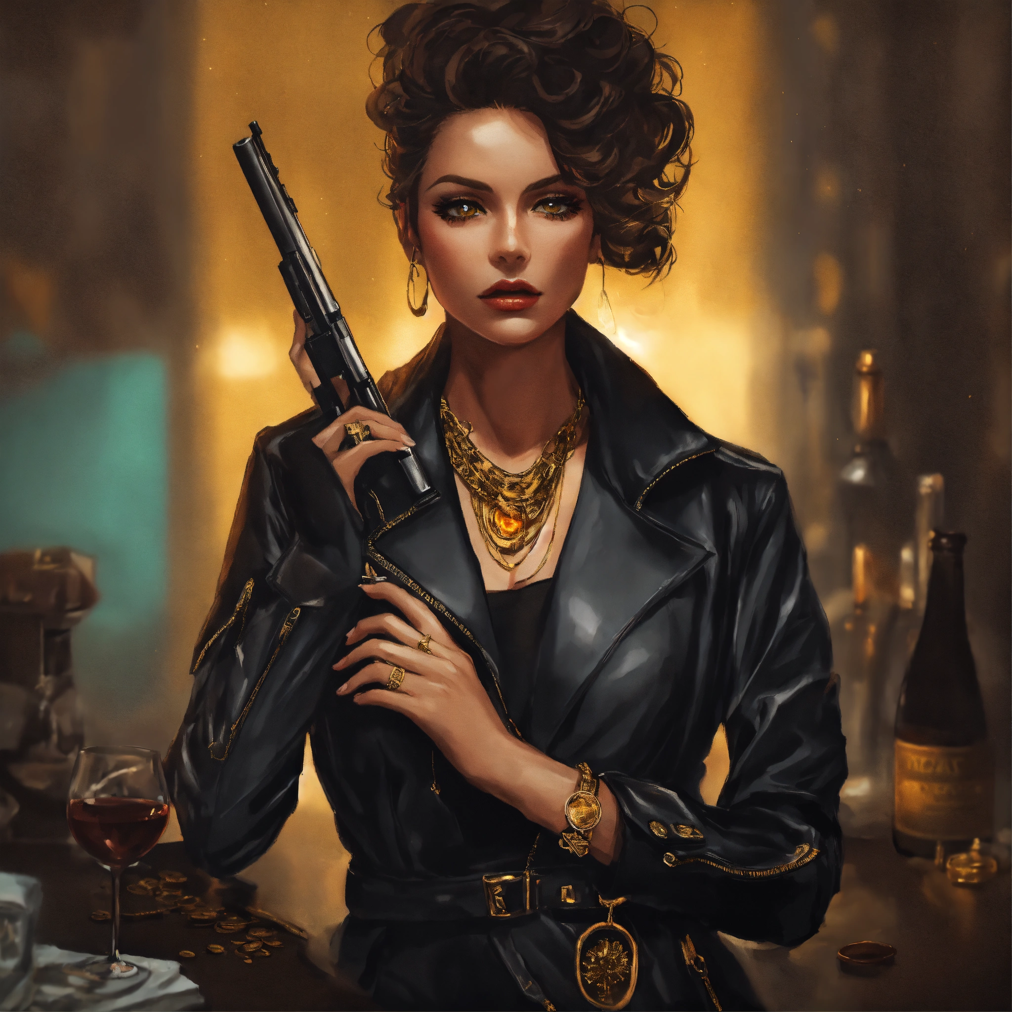 Lexica - Mafia boss lady mit einer lederjacke und einer Goldkette, mit ...