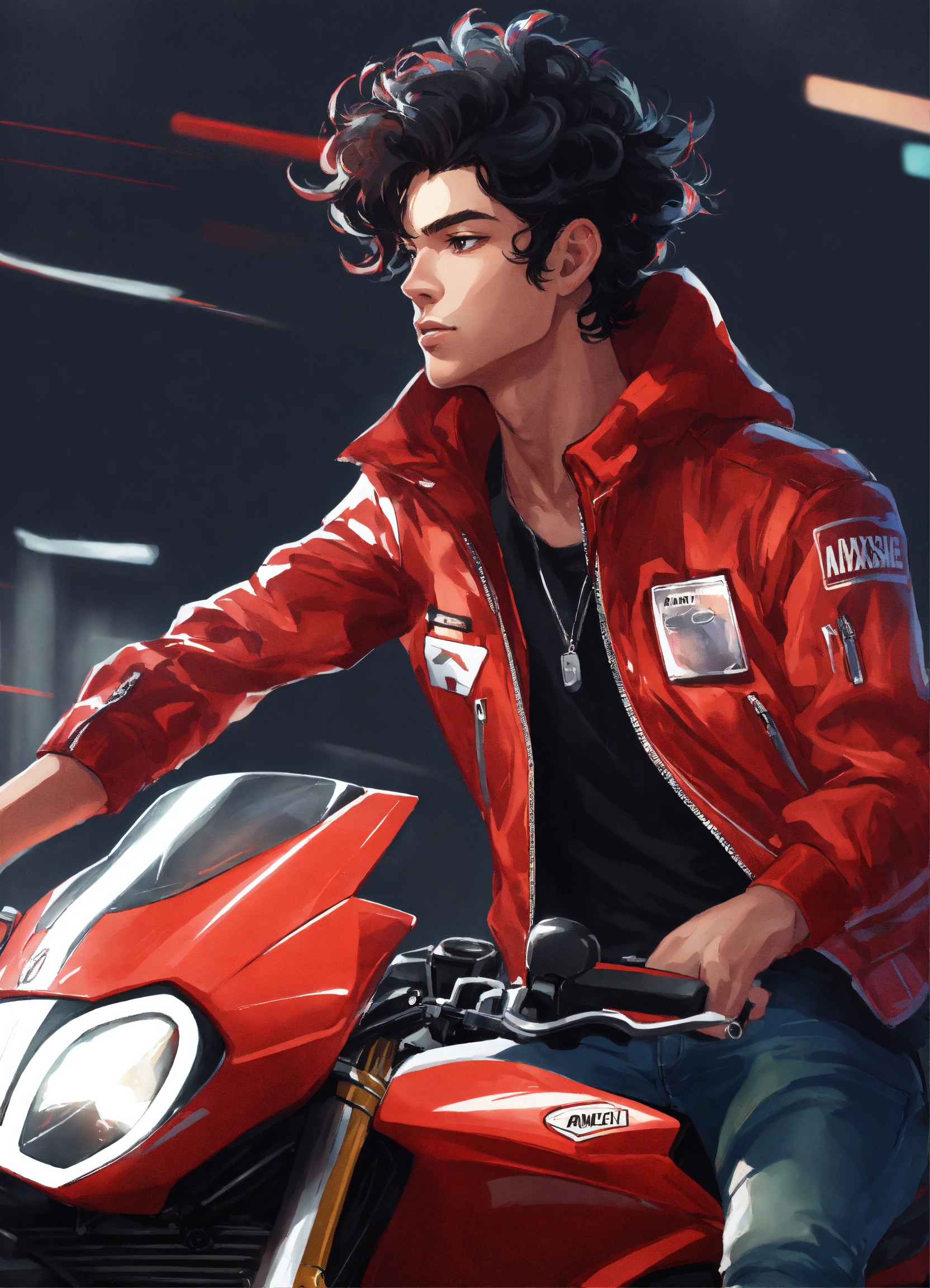 Lexica - Illustration of young man, riding Ducati Pingale, wavy black ...