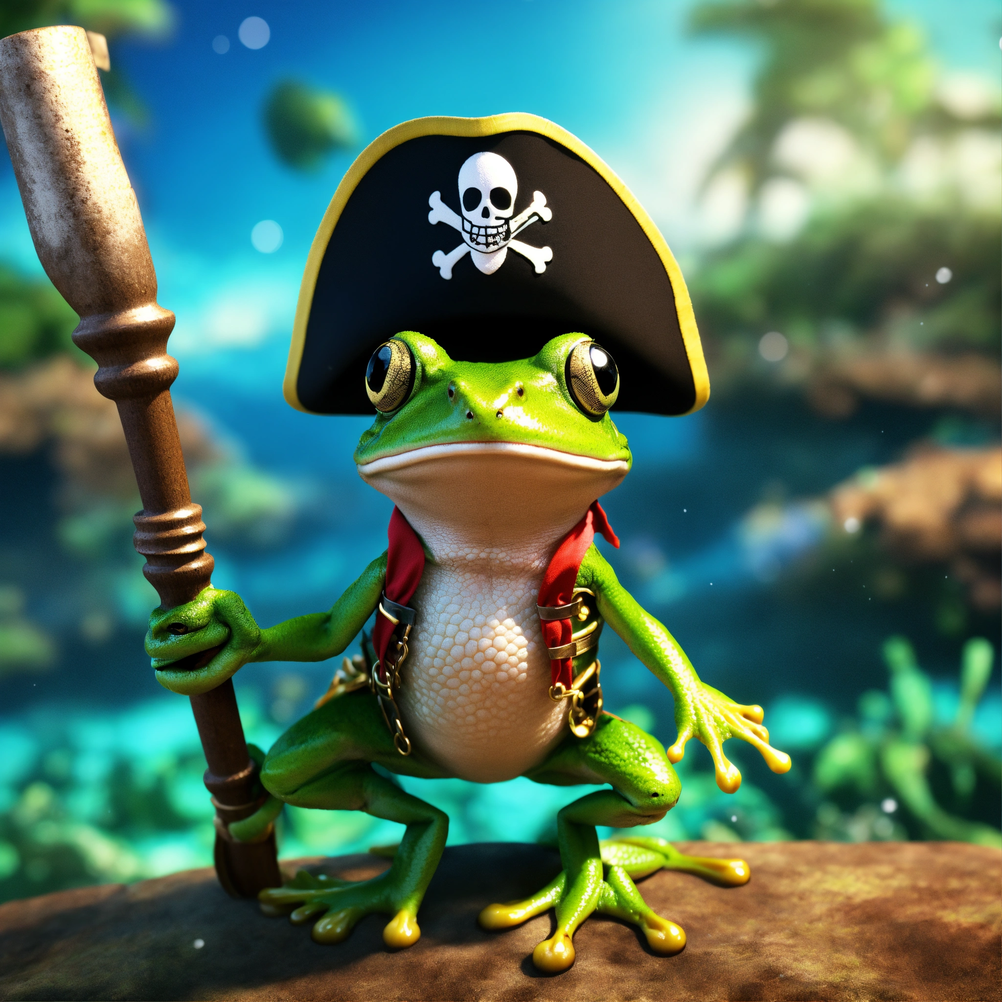 Lexica - Pirate frog, wearing a pirate hat, holding a pirate flag ...
