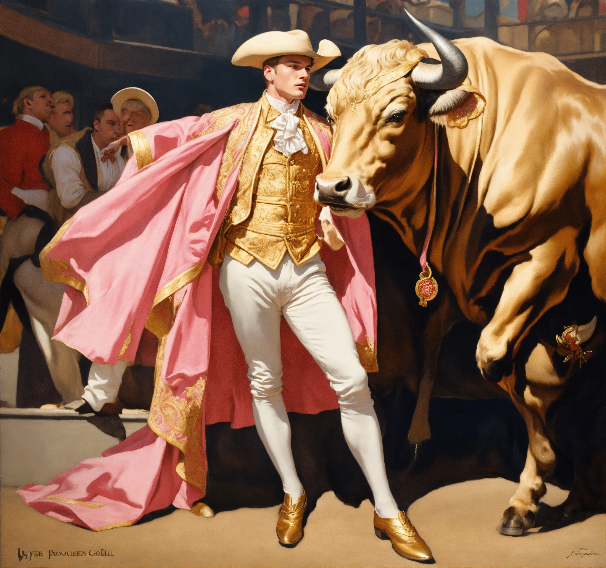 Lexica - A blonde male torero in pink and golden suit, white tight ...