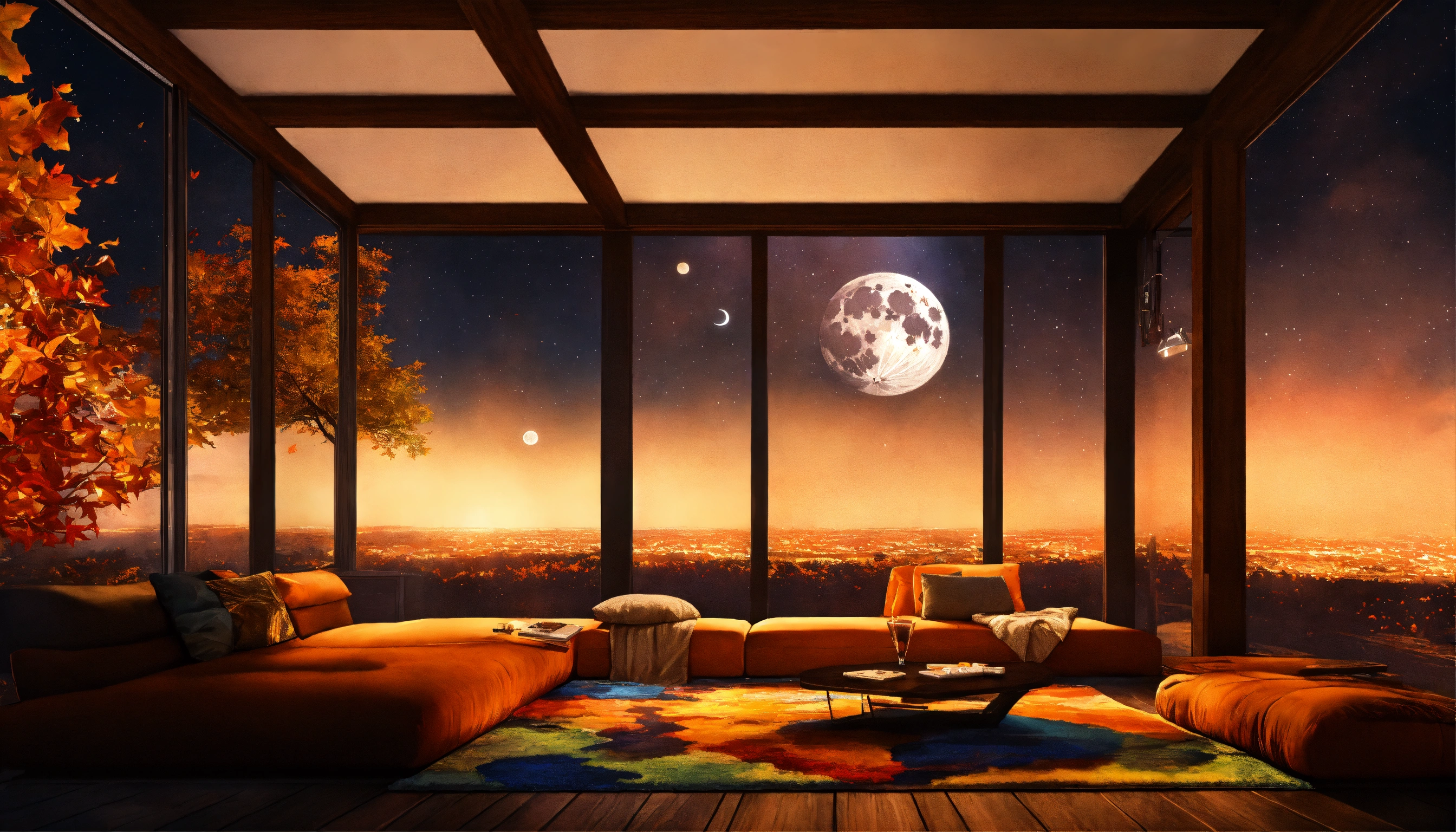 Lexica - ,leafs, fall, living room fire place dark wood, ceiling sky ...