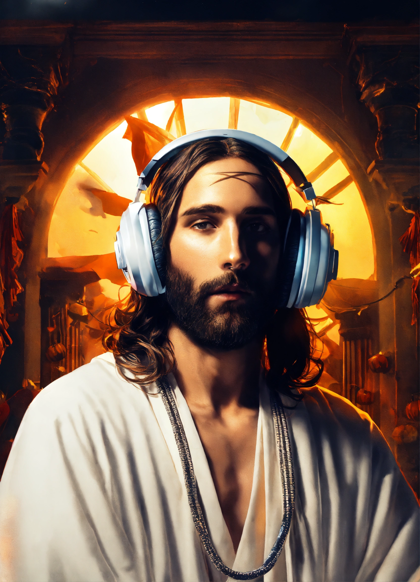 Lexica - Jesus christ with white robe celebrating Halloween in a club ...