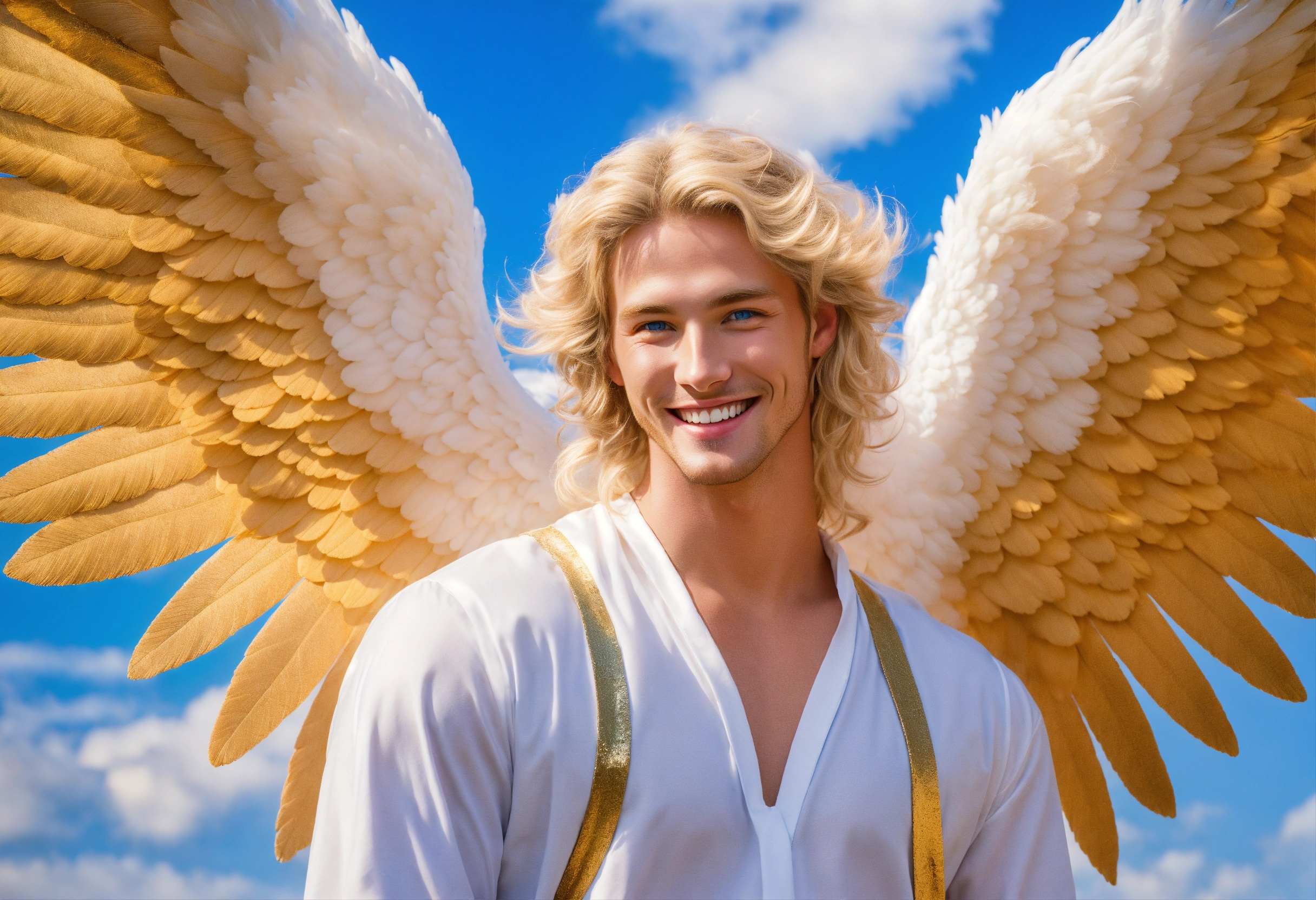 Lexica - Angel man blond blue eyes, large angel wings, fantasy clothes ...
