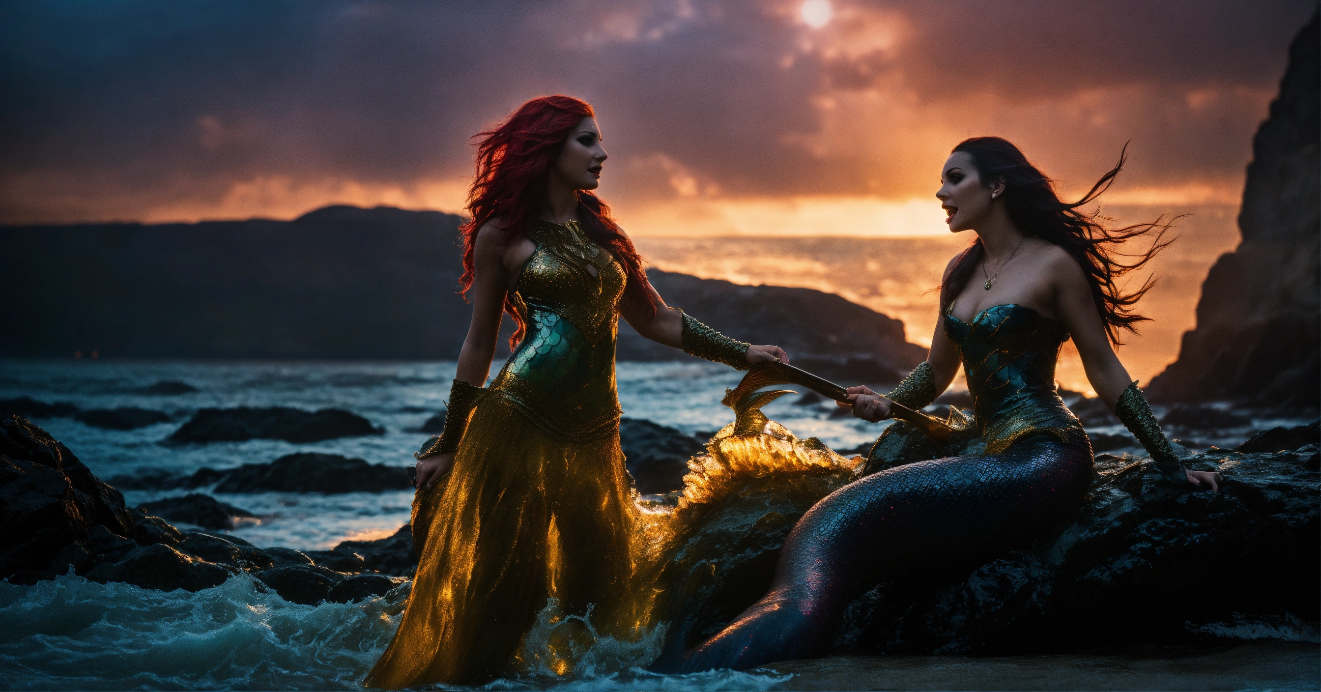 Lexica - Create a 4k detailed photo of two evil sleek mermaids fighting ...