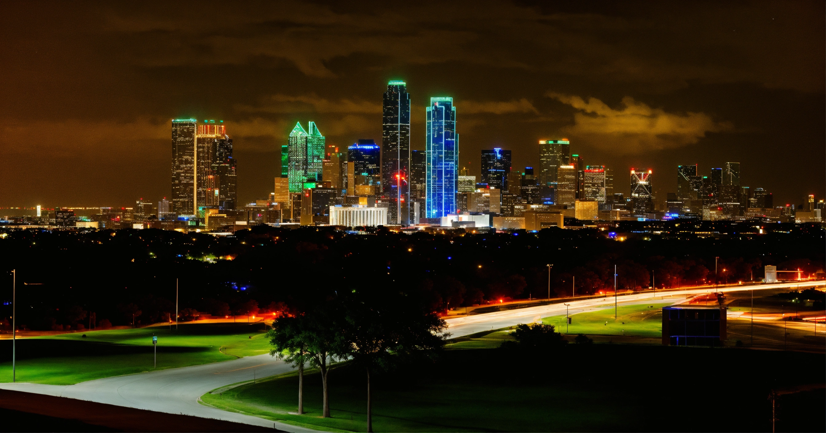 Lexica - Realistic Night photography of lighted downtown Dallas Texas ...
