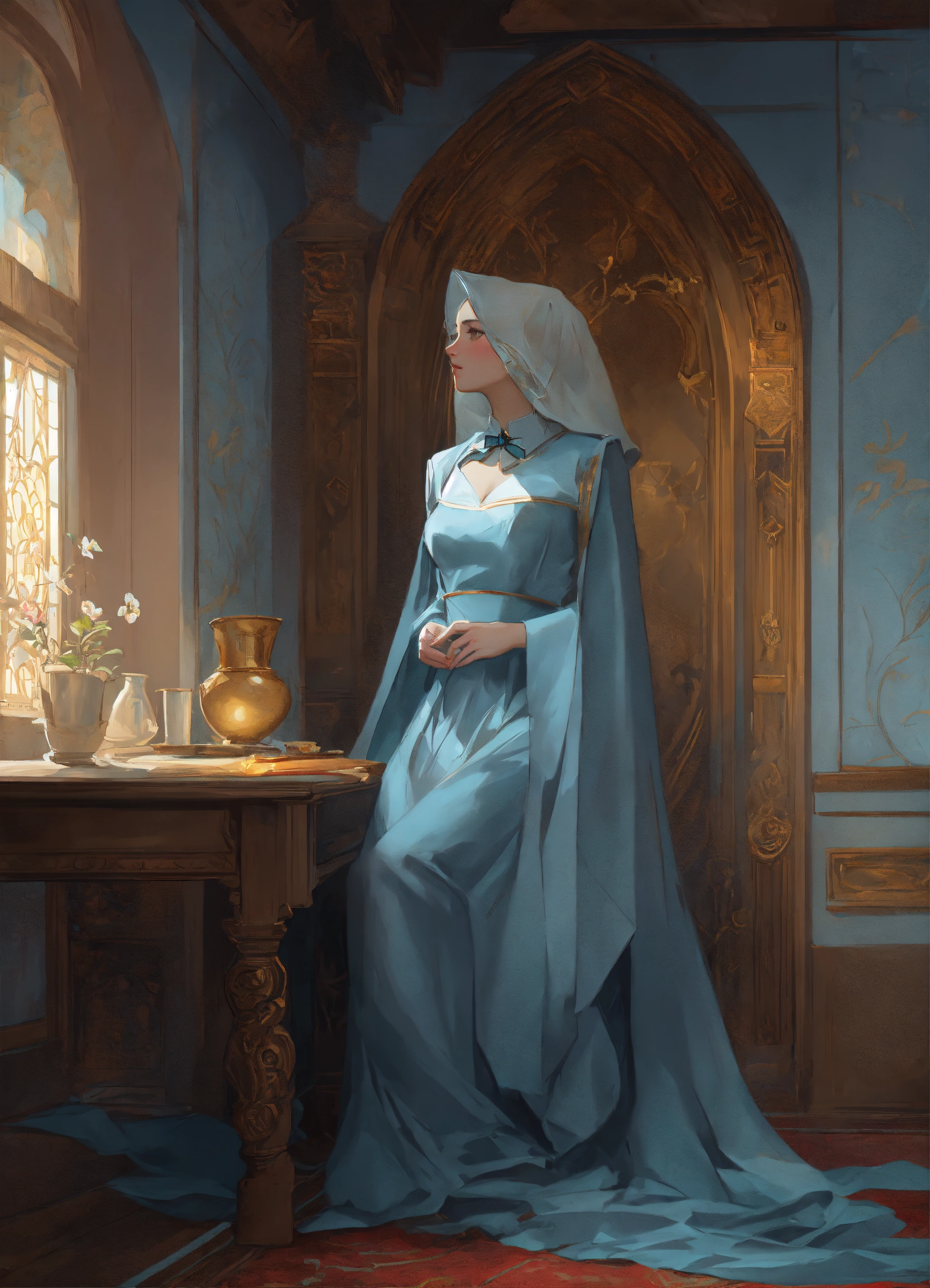 Lexica - Handmaid Medieval in a room, light blue clothes, art by ...