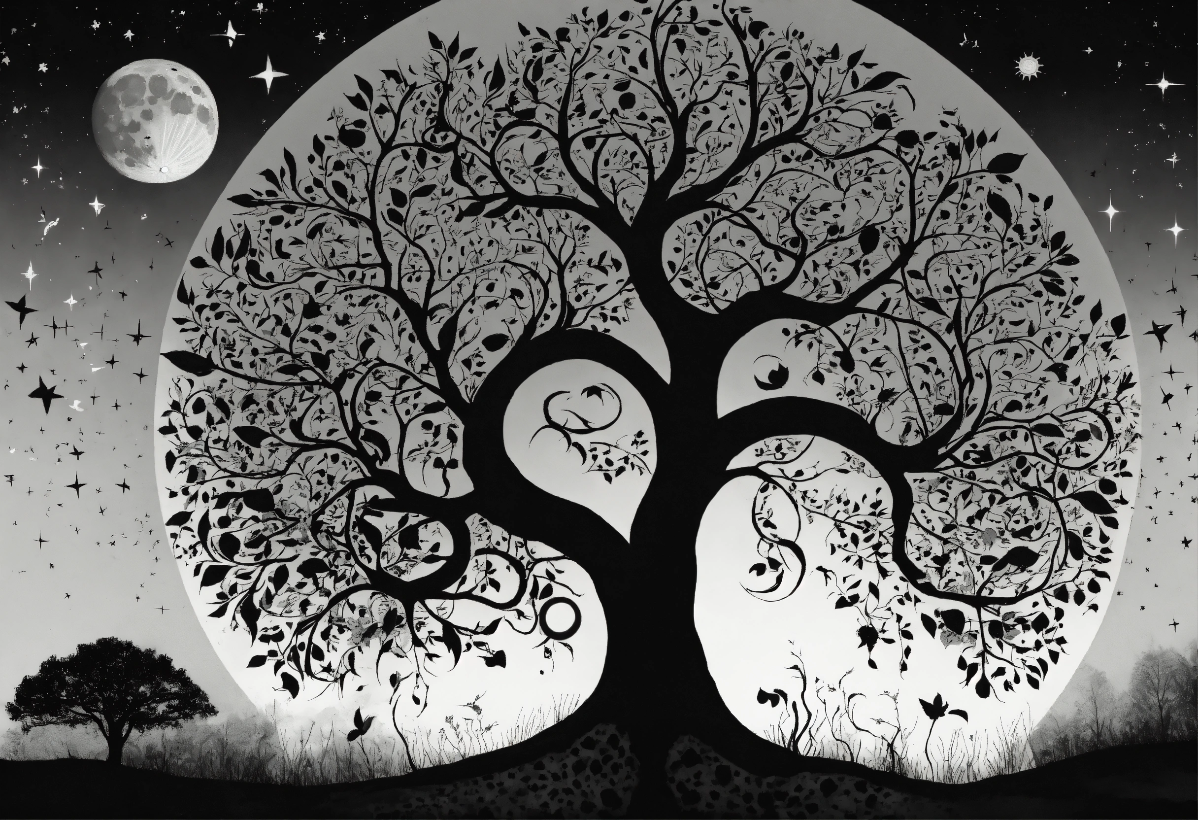 Lexica - Tree of life black and white no leaf with moon sun and stars