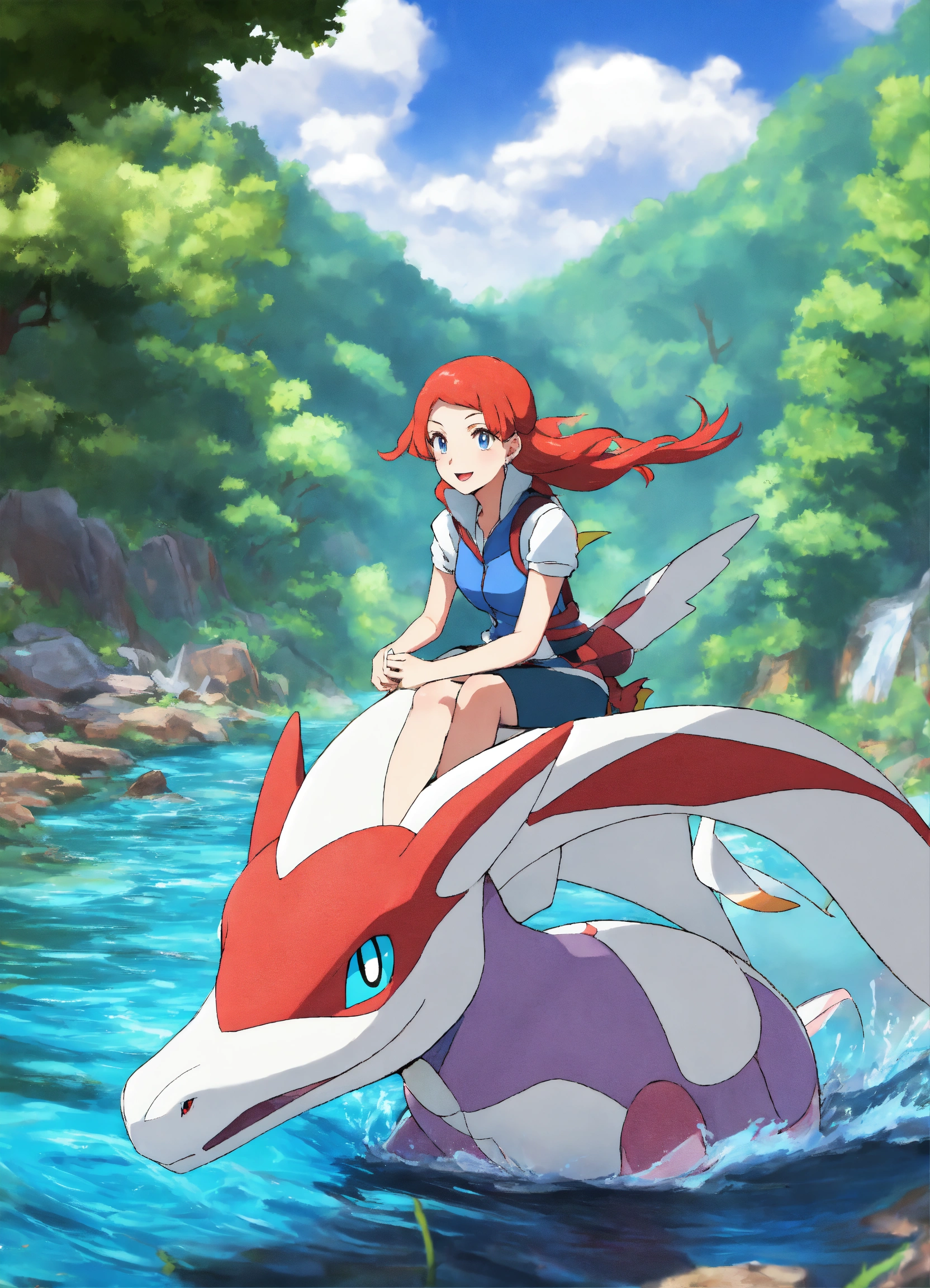Lexica - Female redhead pokemon trainer riding milotic in a river