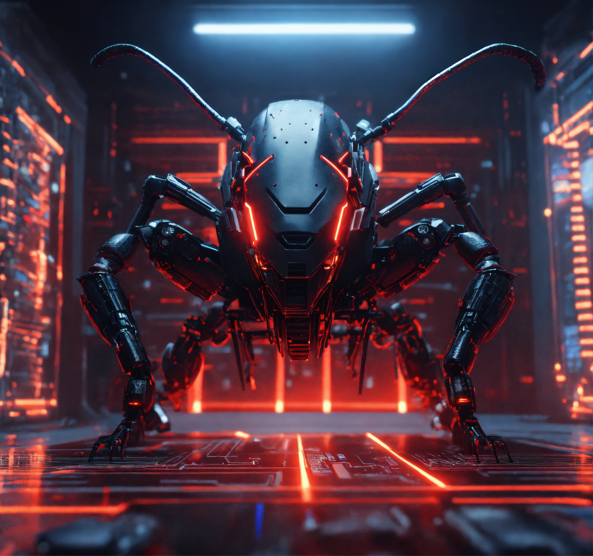 Lexica - Zoom out of black cockroach faced humanoid with red glowing ...