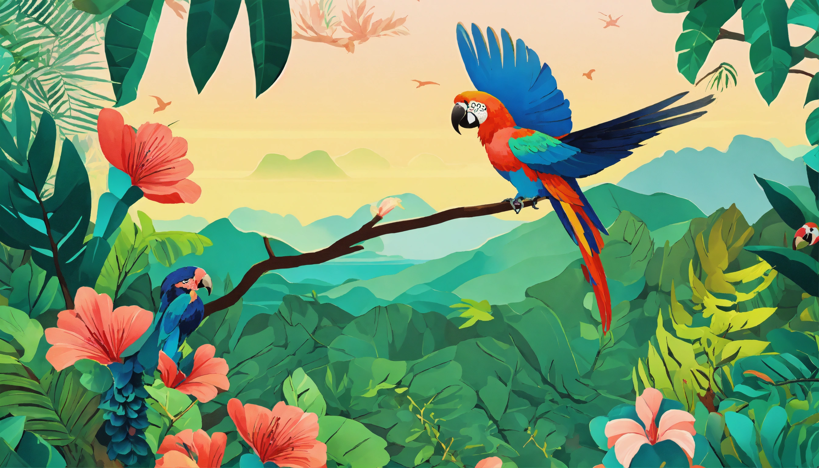 Lexica - Opal stone color tropical forest with parrots illustration art ...