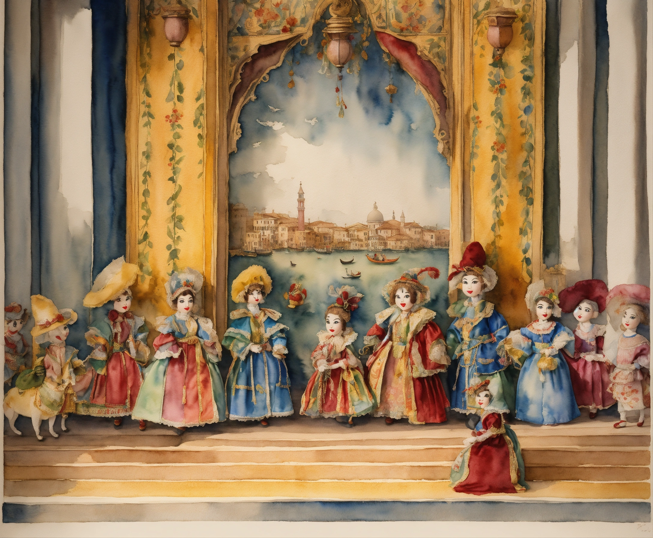 Lexica - Watercolor, very detailed, a little Venetian puppet show, with ...