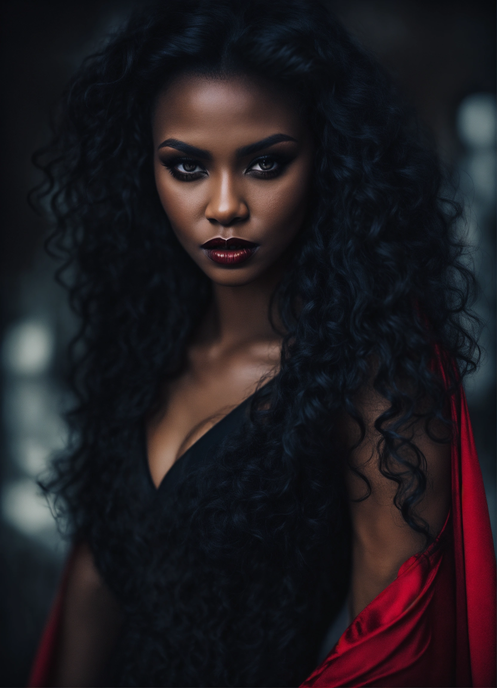 Lexica - Beautiful black vampire woman, red eyes, black dress