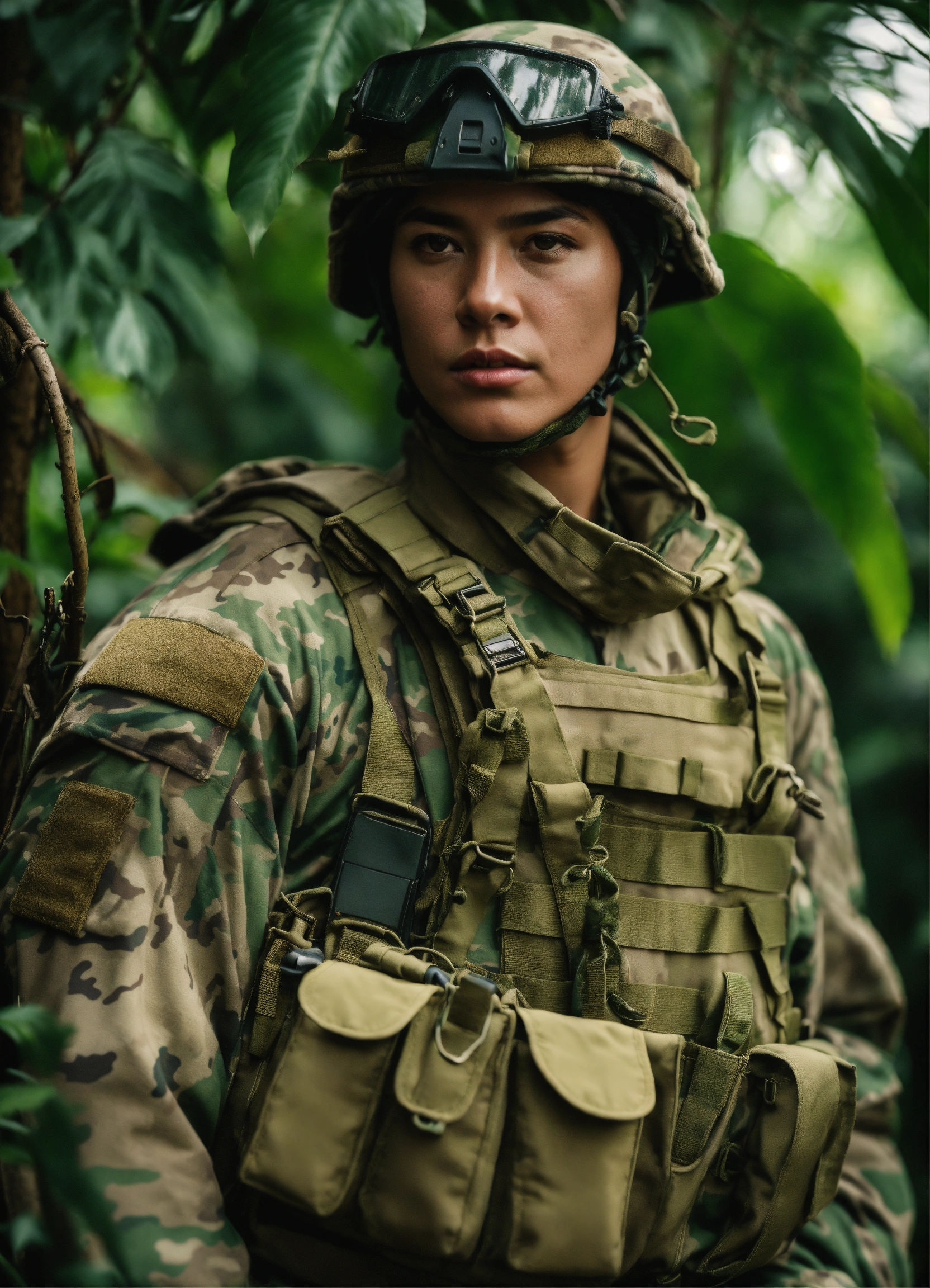 Lexica - Waist-up, muted photo portrait titled "soldier of the jungle ...