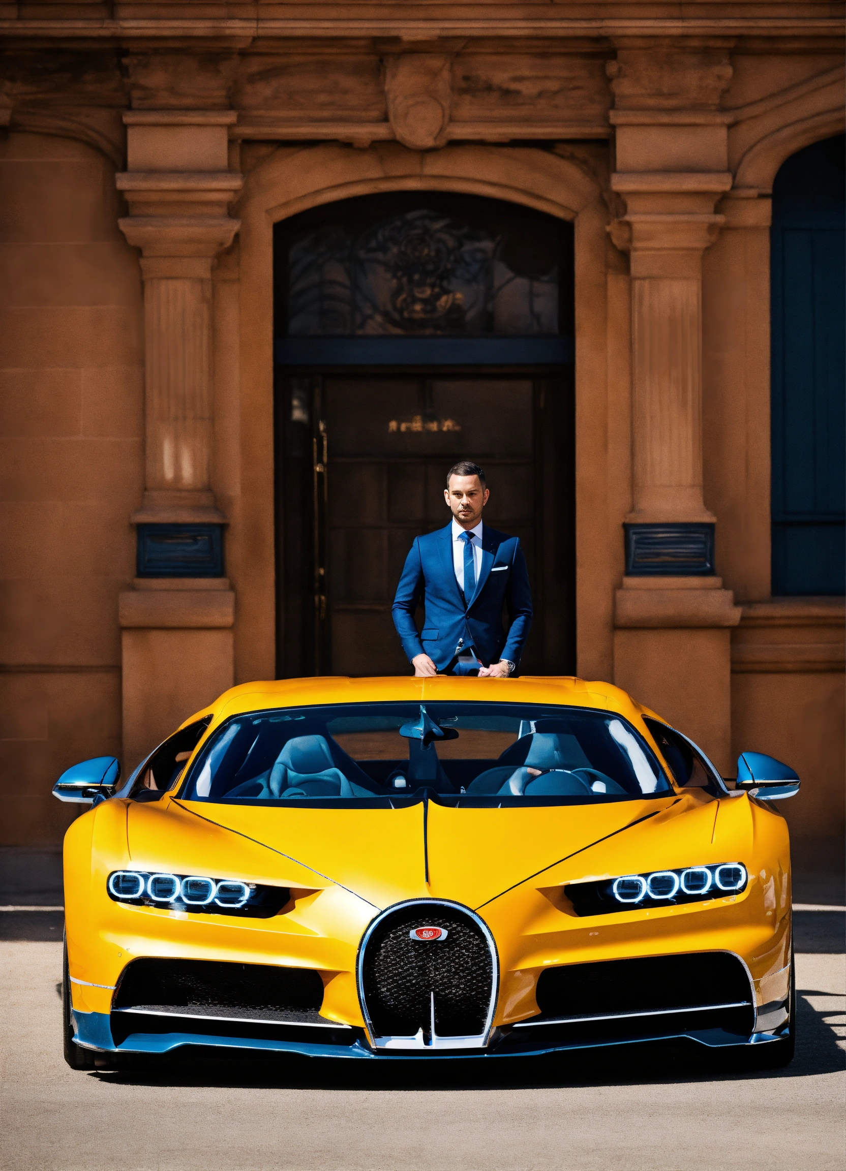 Lexica - Une image de Andrew Tate en costume devant sa Bugatti Chiron ...