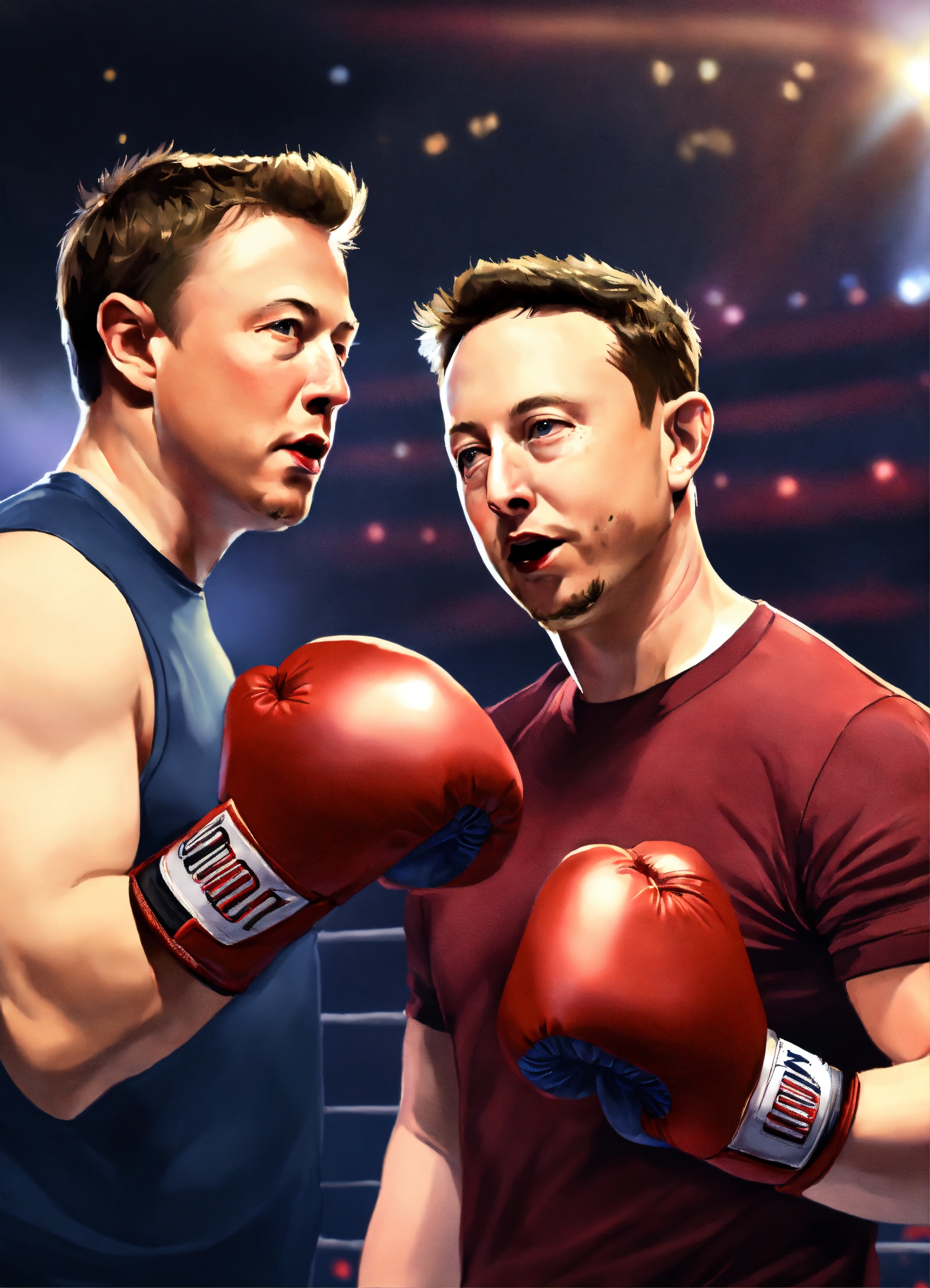 Lexica - Elon musk fighting marc zuckerberg, boxing with gloves, realistic