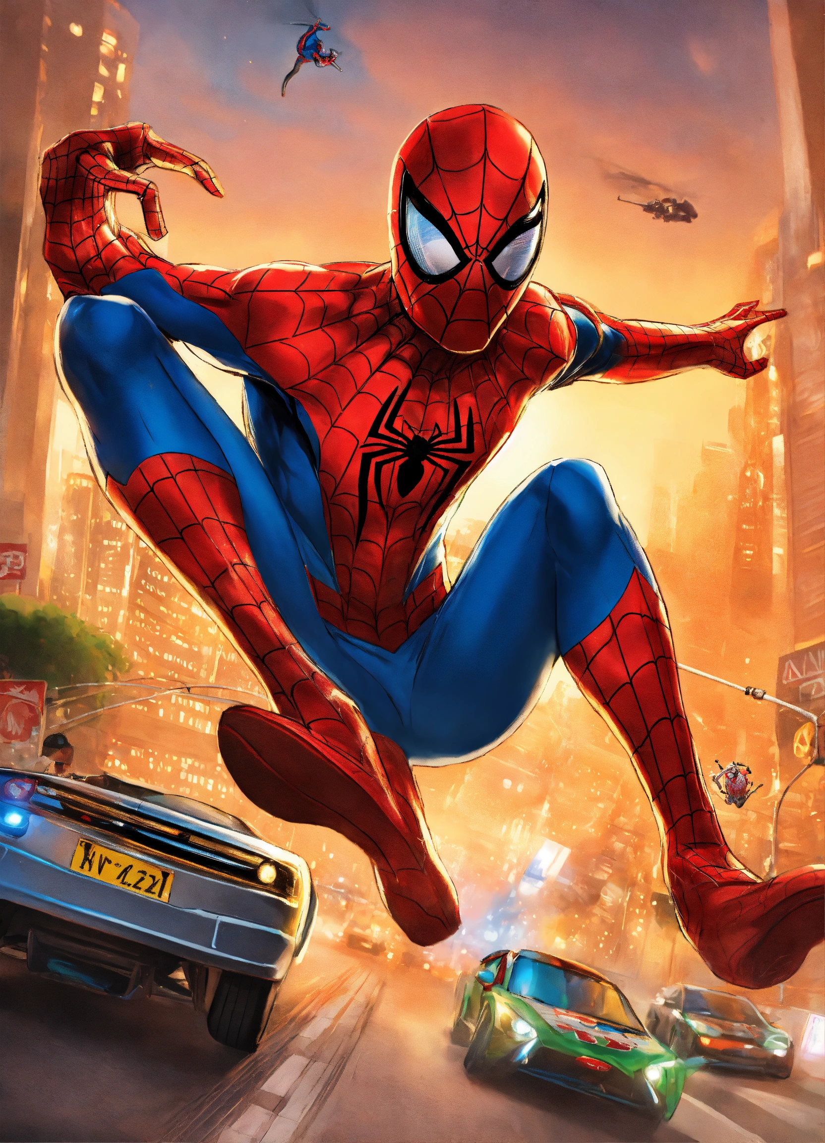 Lexica - Spider Man em pé , numa pista de fórmula 1, próximo ao carro